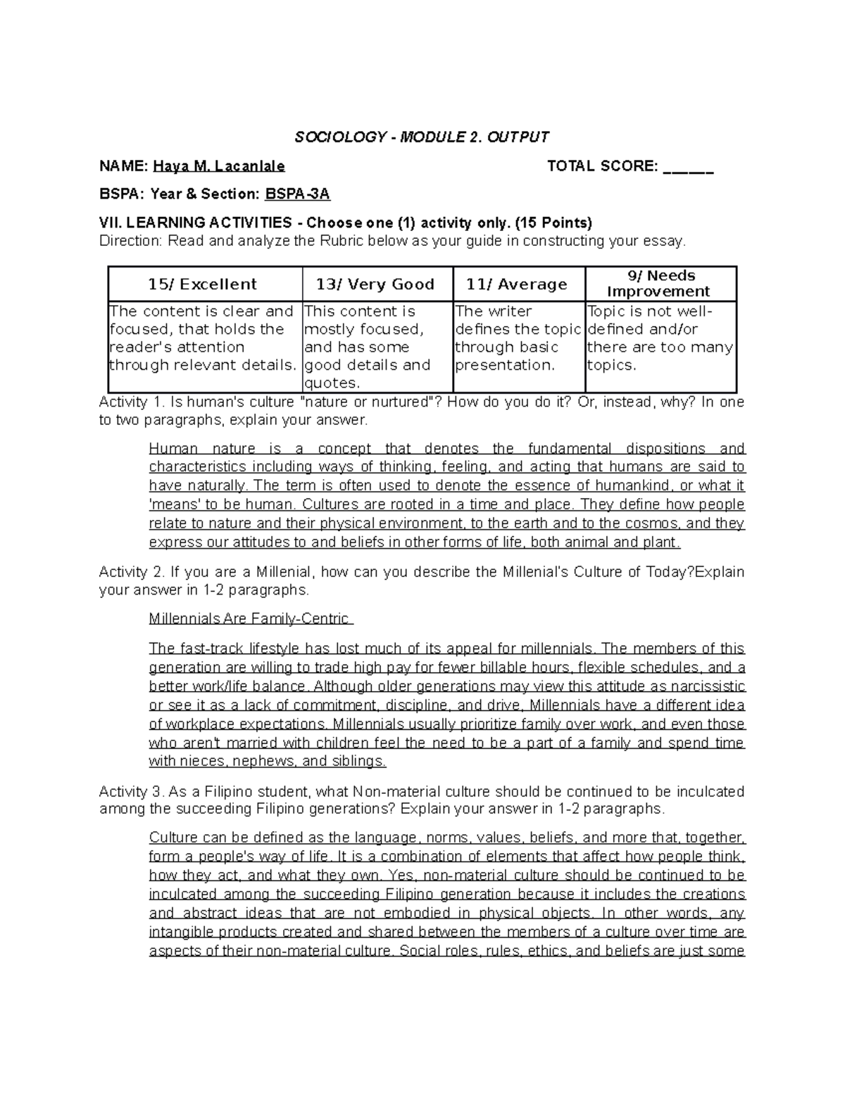 Sociology 2 - SOCIOLOGY - MODULE 2. OUTPUT NAME: Haya M. Lacanlale ...
