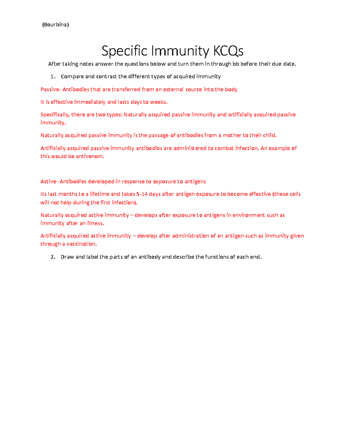 Specific Immunity Study Guide - (Bourbina) Specific Immunity KCQs After ...