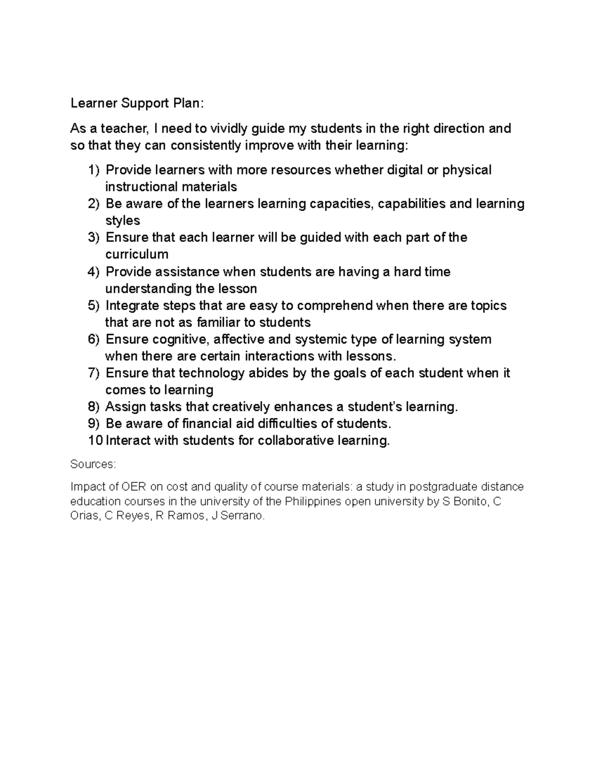 U - sfsfsf - Learner Support Plan: As a teacher, I need to vividly ...