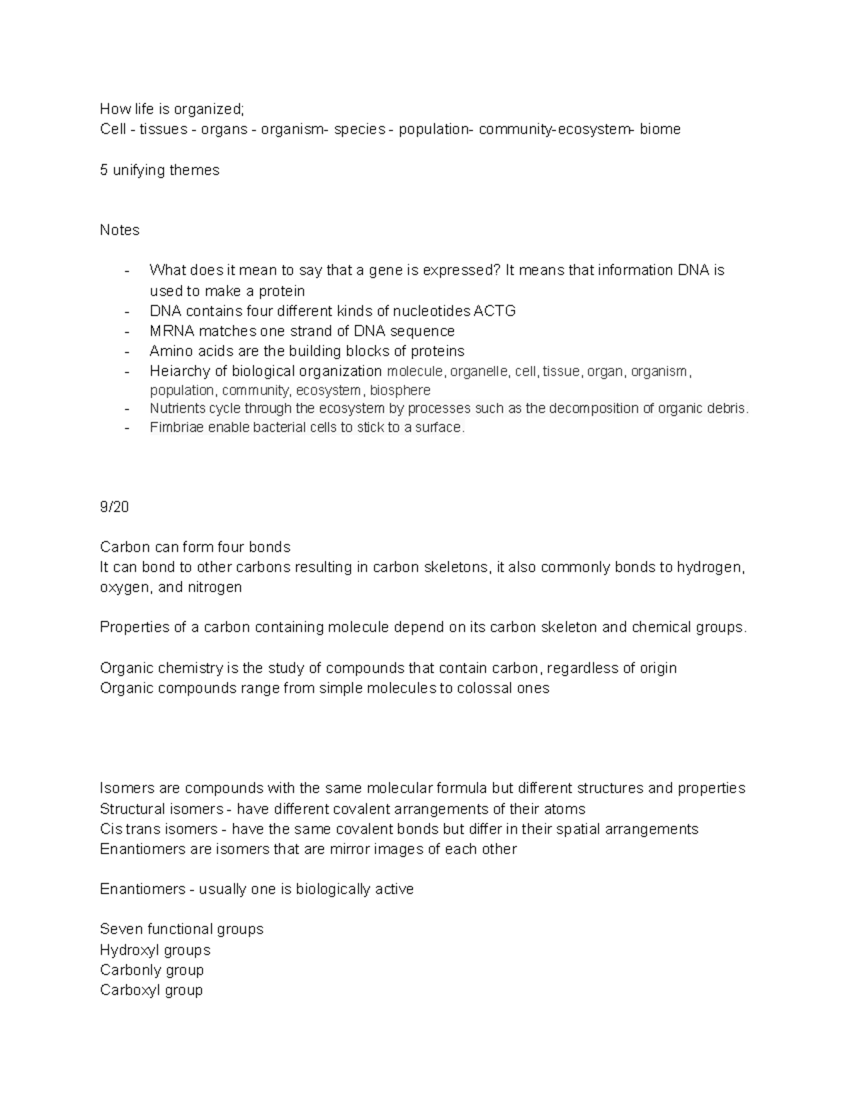 Bio chap 1-3 - cumulative notes chapters 1-3 - How life is organized ...