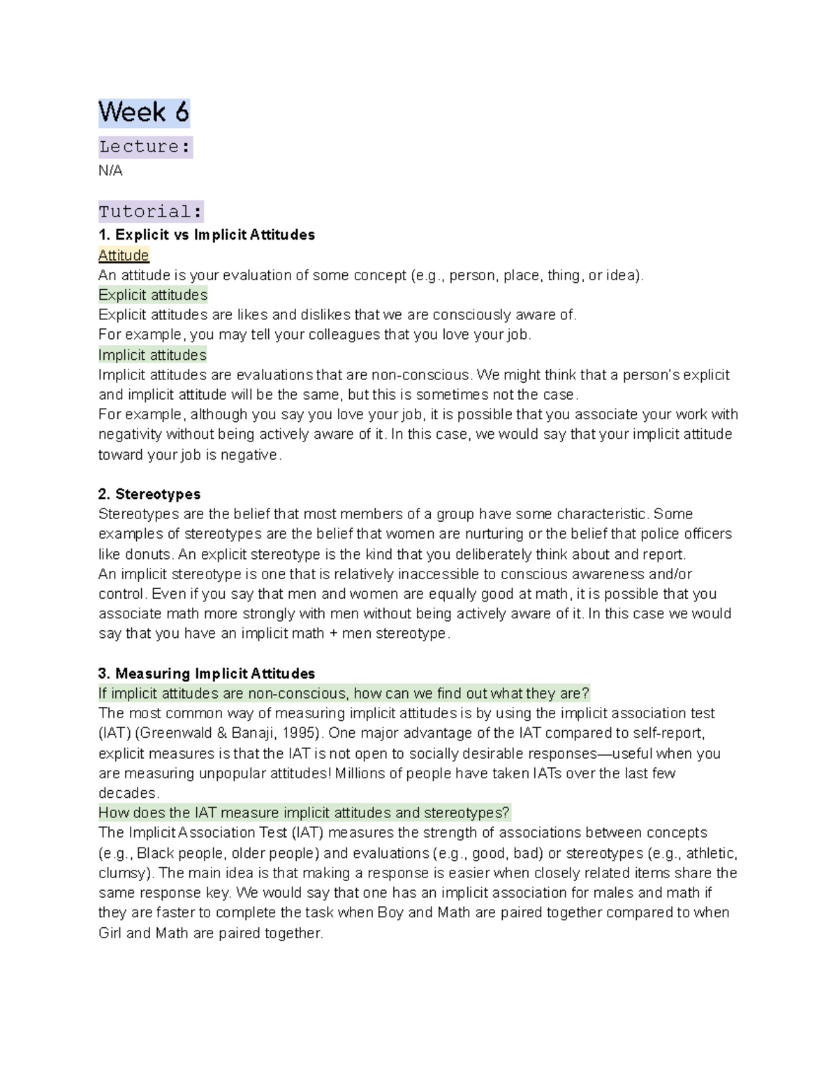 Week 6 PSYU1102 ( tutorial) - Week 6 Lecture: N/A Tutorial: Explicit vs Implicit Attitudes ...