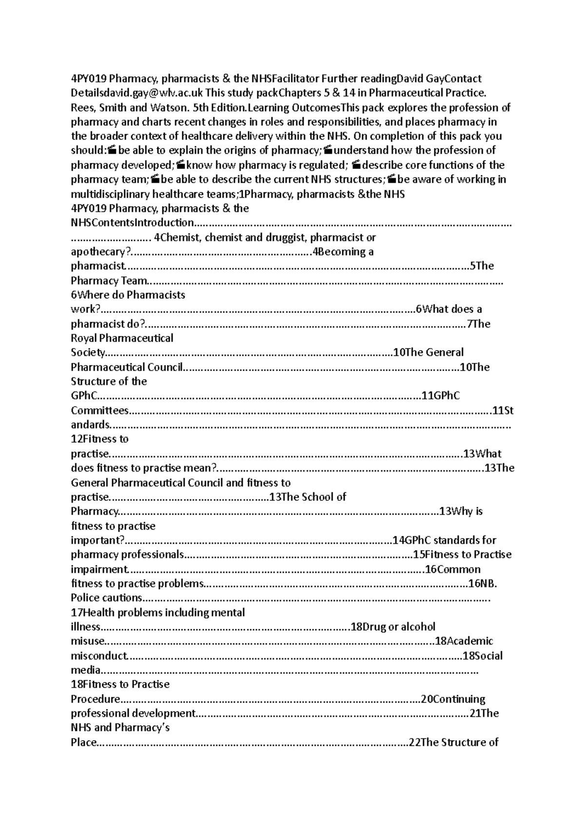 Pharmacy notes 5 - 4PY019 Pharmacy, pharmacists & the NHSFacilitator ...