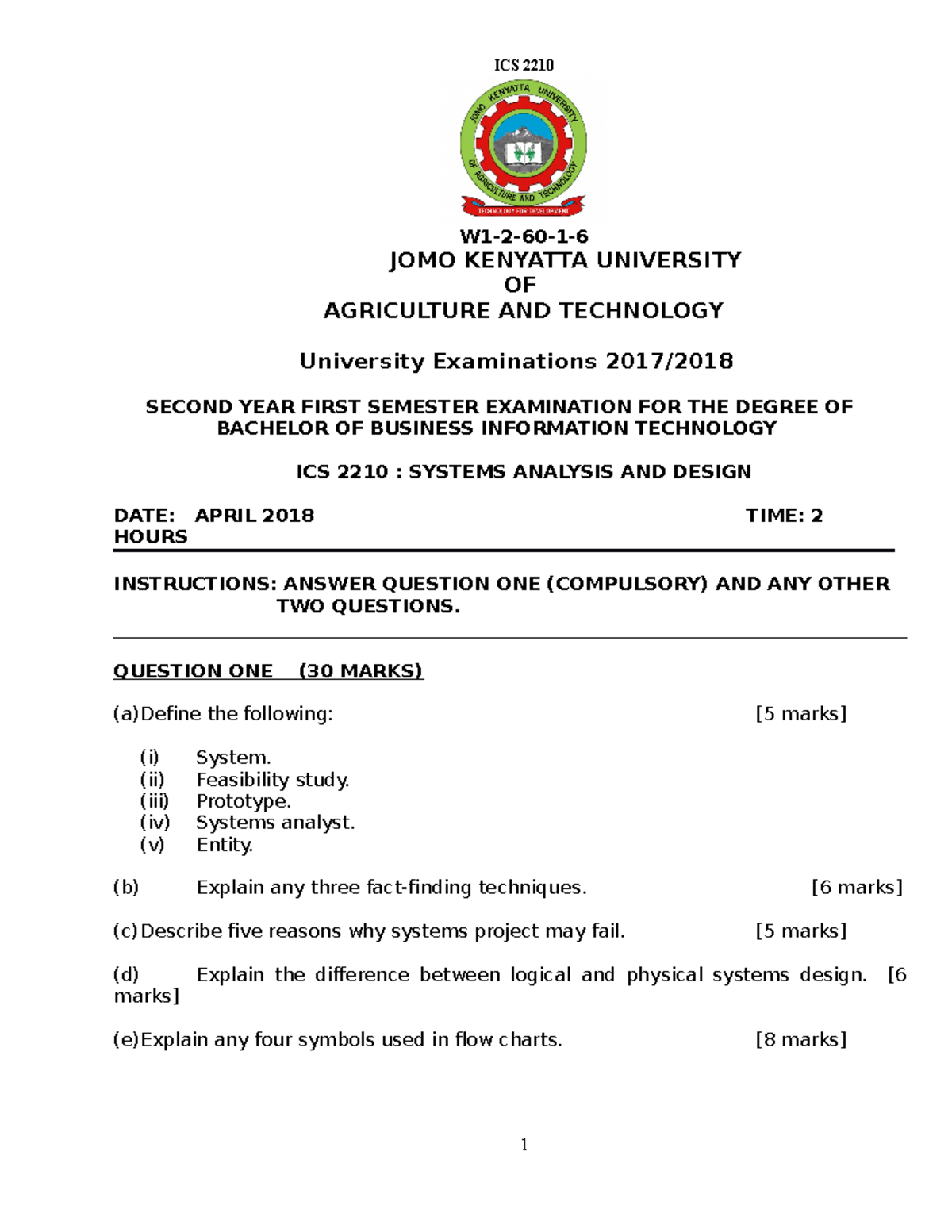 ICS 2210 Systems Analysis AND Design - ICS 2210 W1-2-60-1- JOMO ...