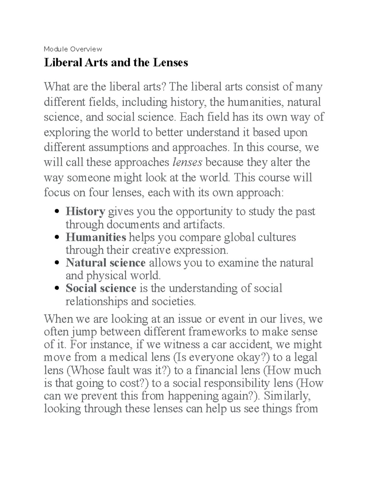 Liberal Arts and the Lenses - Module Overview Liberal Arts and the ...
