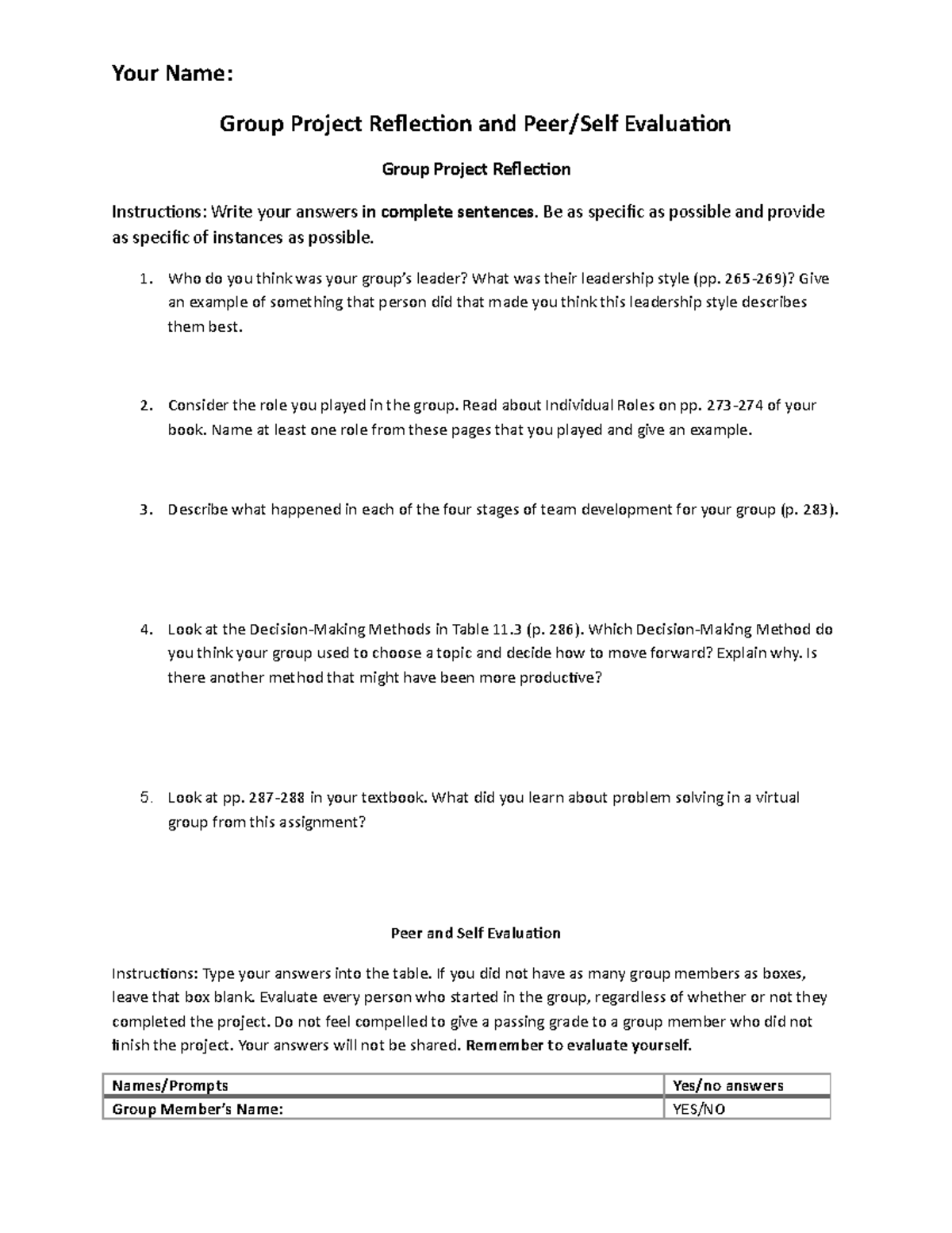 Group Project Reflection and Peer Self Evaluation 1311 F20 - Your Name ...