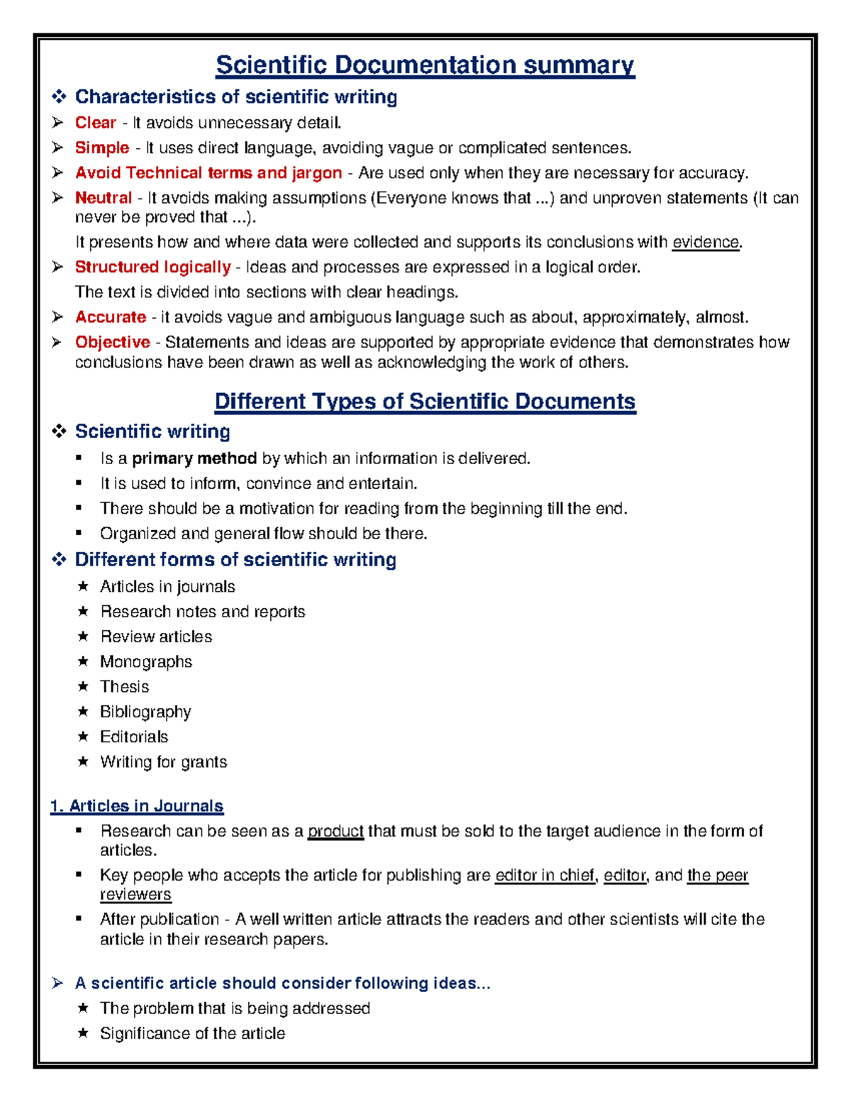 Scientific Documentation Summary - Simple - It uses direct language ...