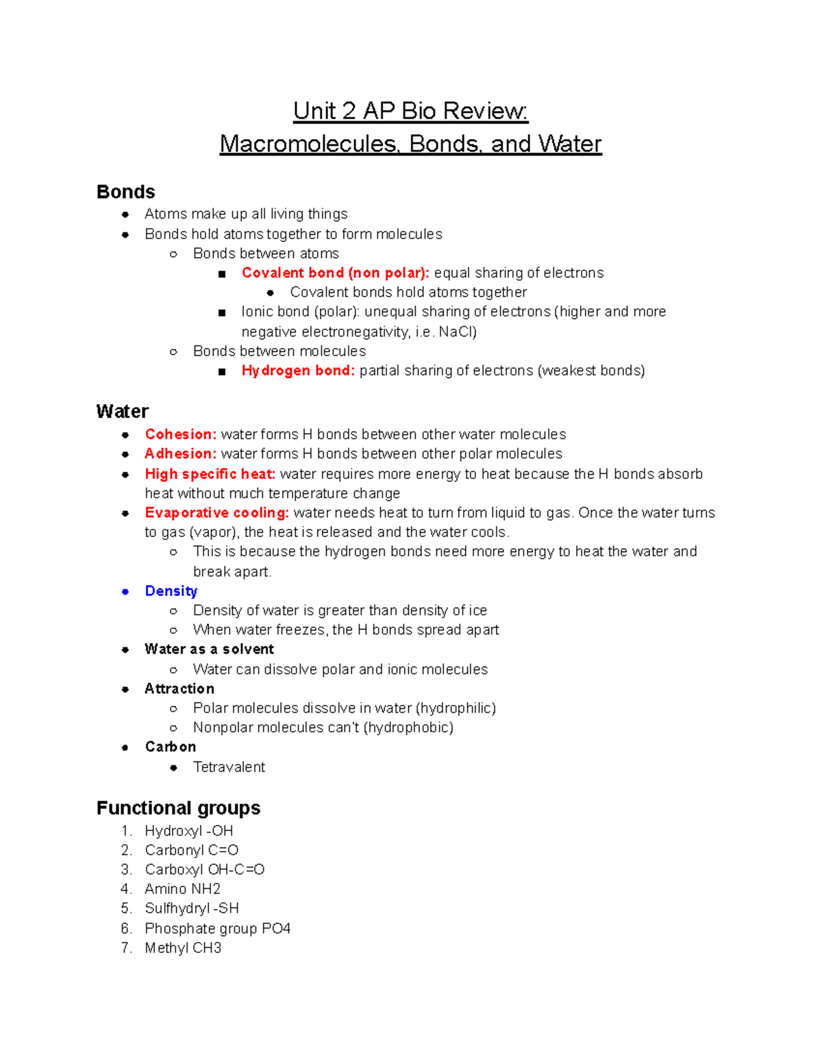 Unit 2 AP Bio Review: Macromolecules, Bonds, and Water - Unit 2 AP Bio ...