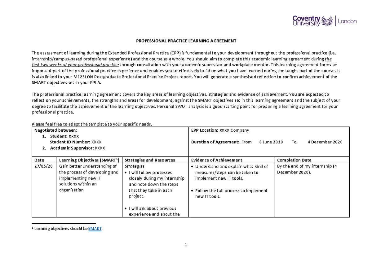 Professional Practice Learning Agreement Sample - PROFESSIONAL PRACTICE ...