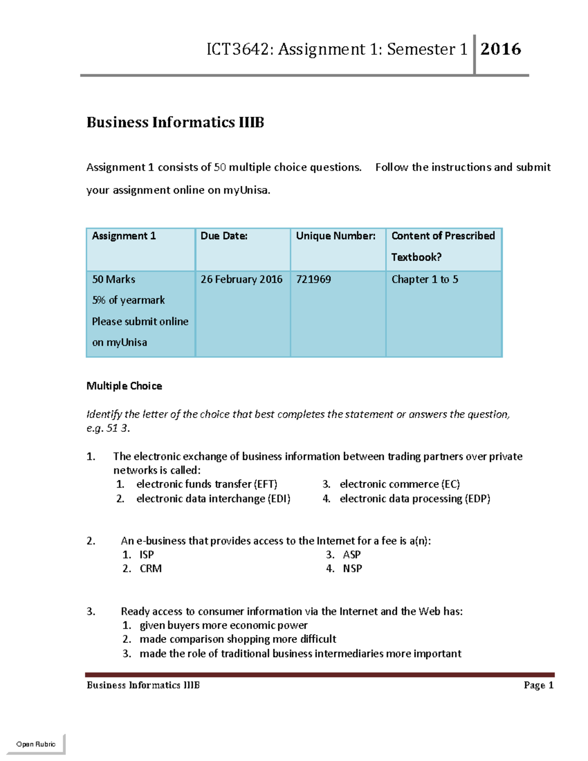 ICT3642 Assignment 1 Semester 1 2016 - Business Informatics IIIB Page 1 ...