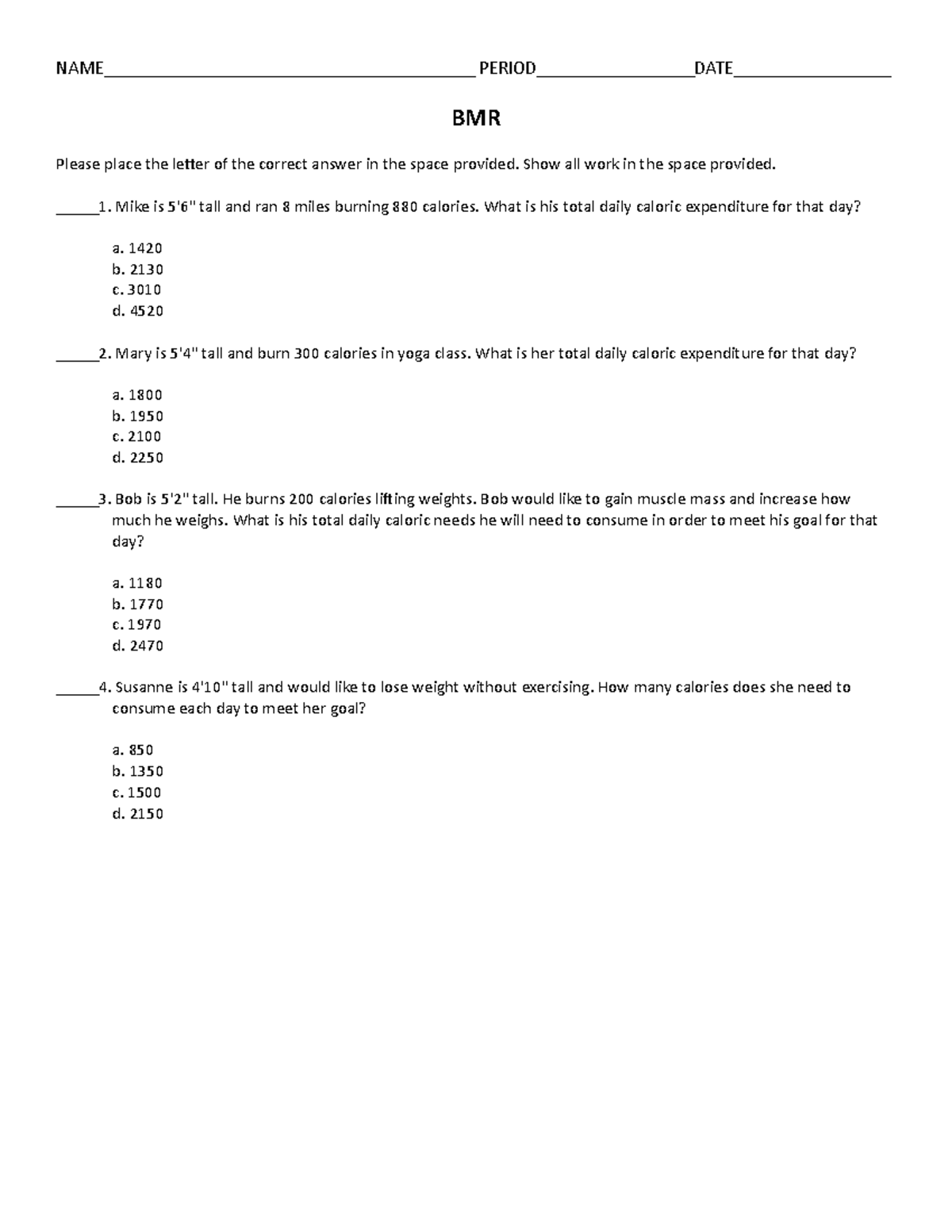 BMR Worksheet - Fun - NAME ...