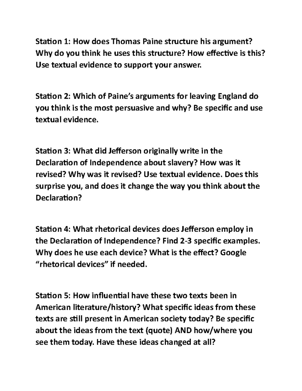 Stations Discussion Jefferson and Paine - Station 1: How does Thomas ...