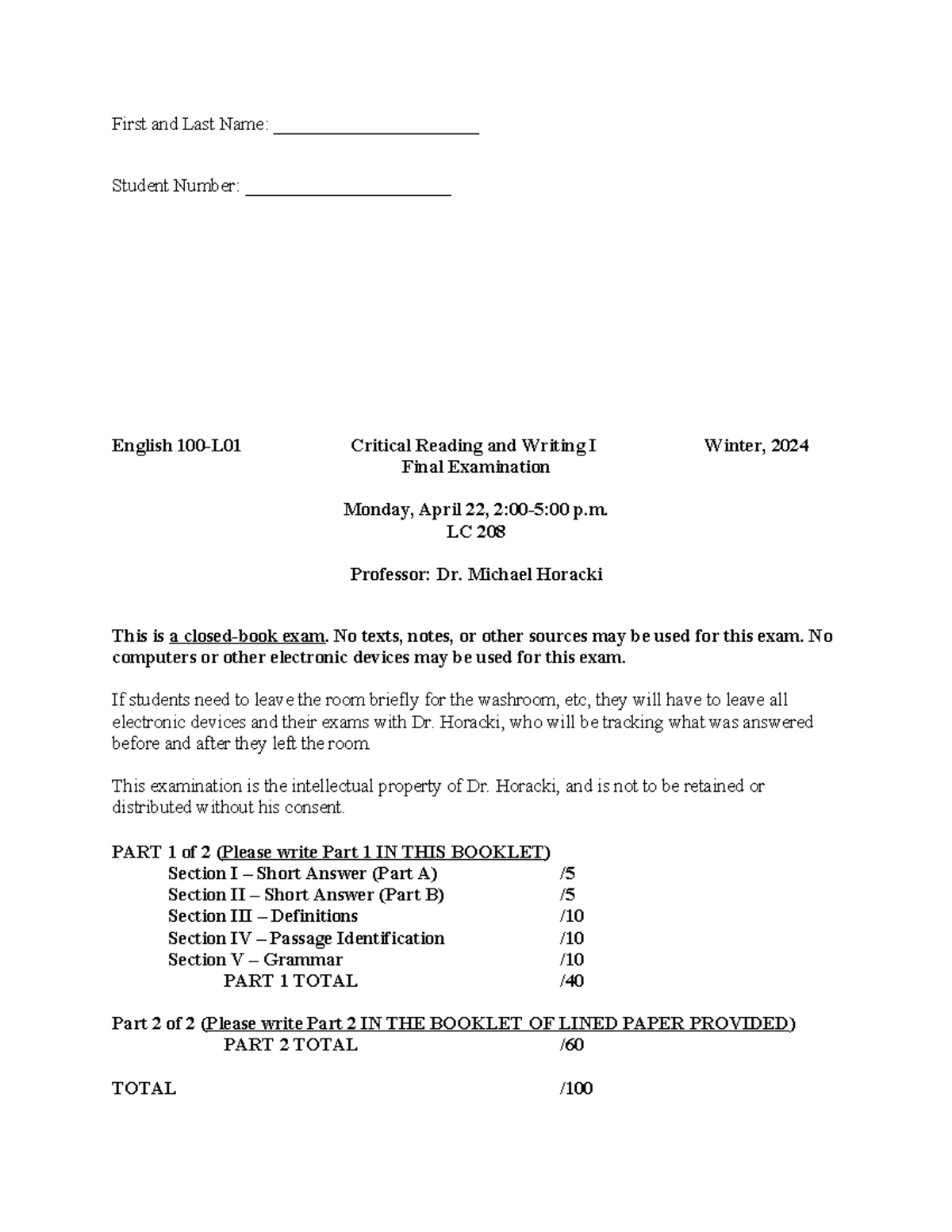 ENGL 100-L01 Final Exam Outline - First and Last Name ...