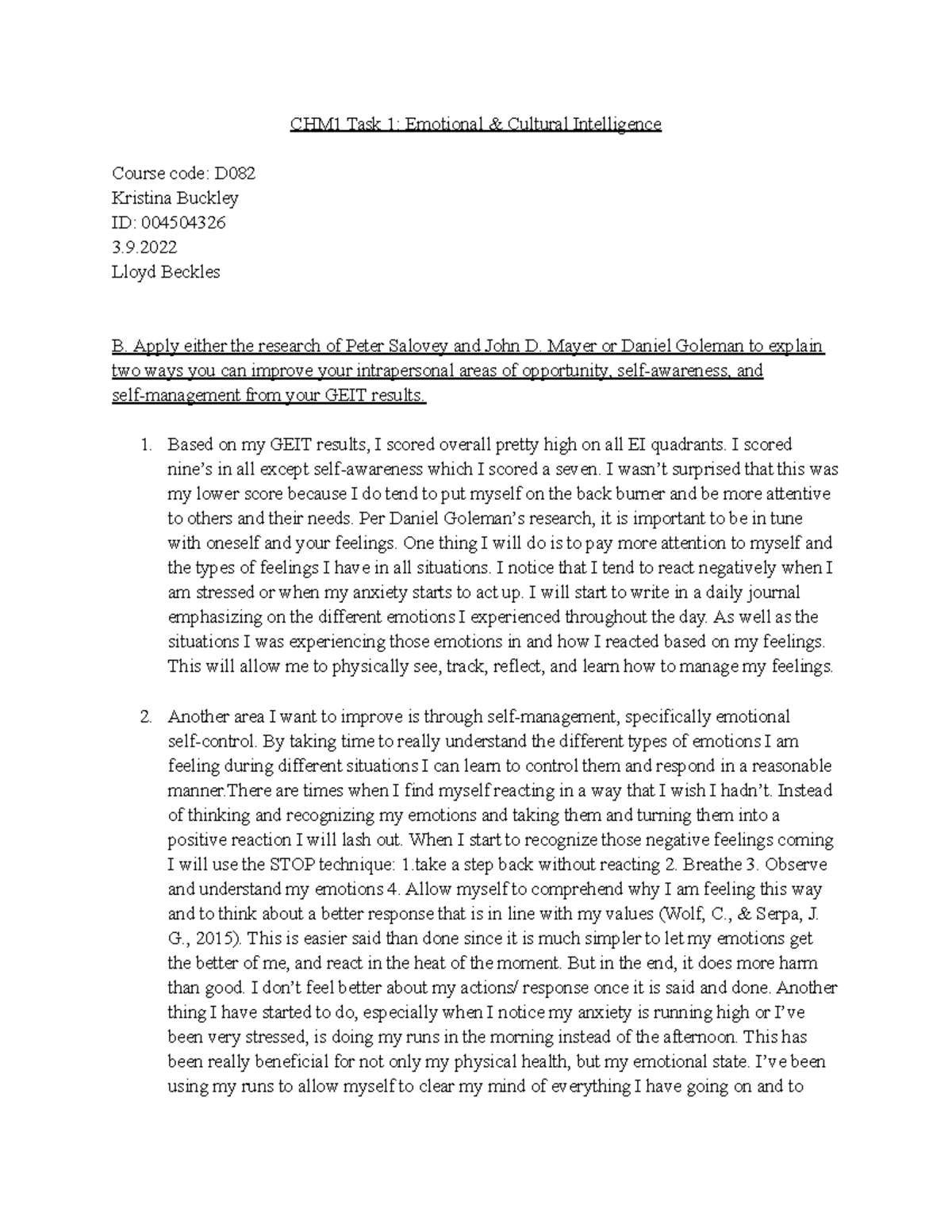 CHM1 Task 1 - Passed. Less than 8% similarity. - CHM1 Task 1: Emotional ...