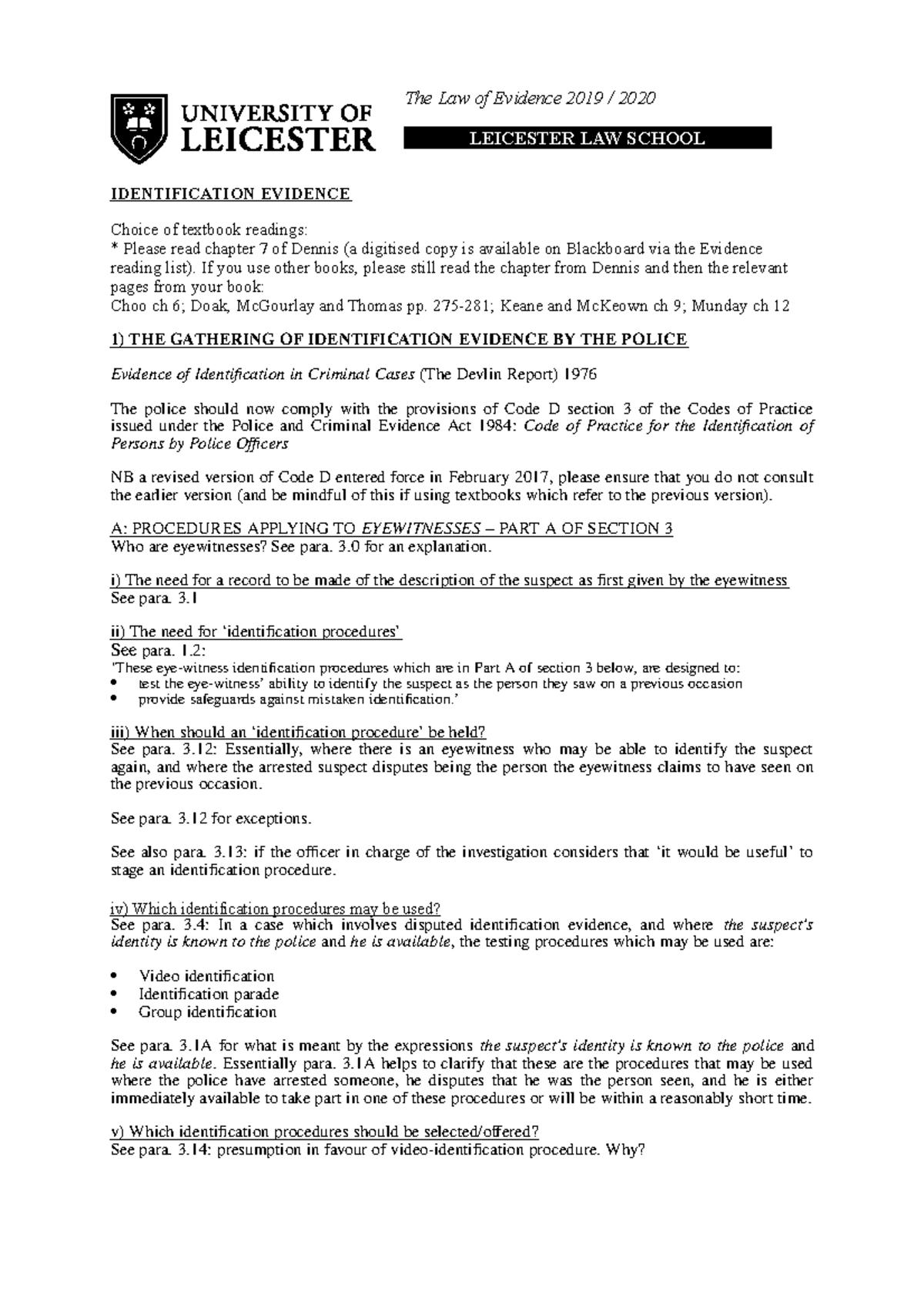 ID evidence 2020 - The Law of Evidence 2019 / 2020 LEICESTER LAW SCHOOL ...