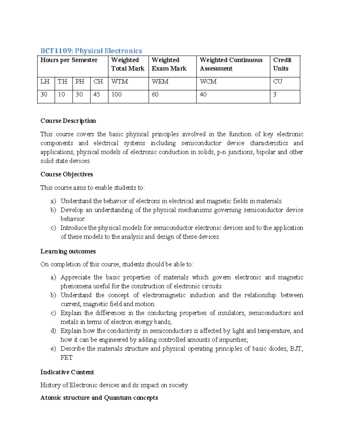 BCT1109 - Physical Electronics - BCT1109: Physical Electronics Hours ...