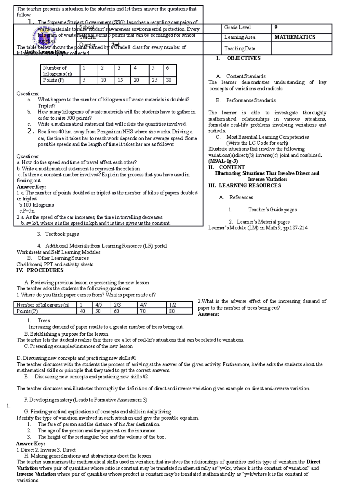 DLP Q2 WEEK 1 Nov6upload - Daily Lesson Plan School Grade Level 9 ...