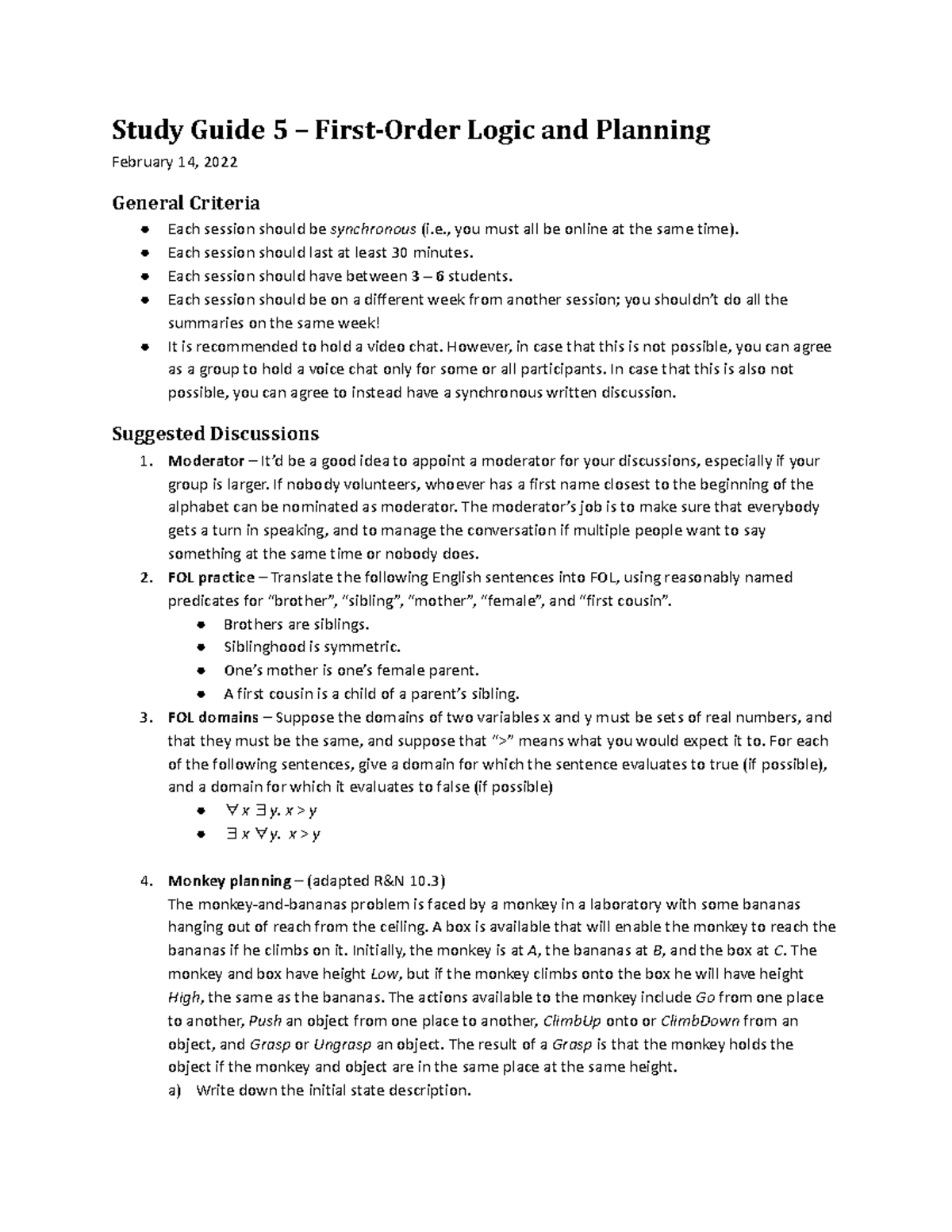 Guide 5 - First Order Logic and Planning - Study Guide 5 – First-Order ...