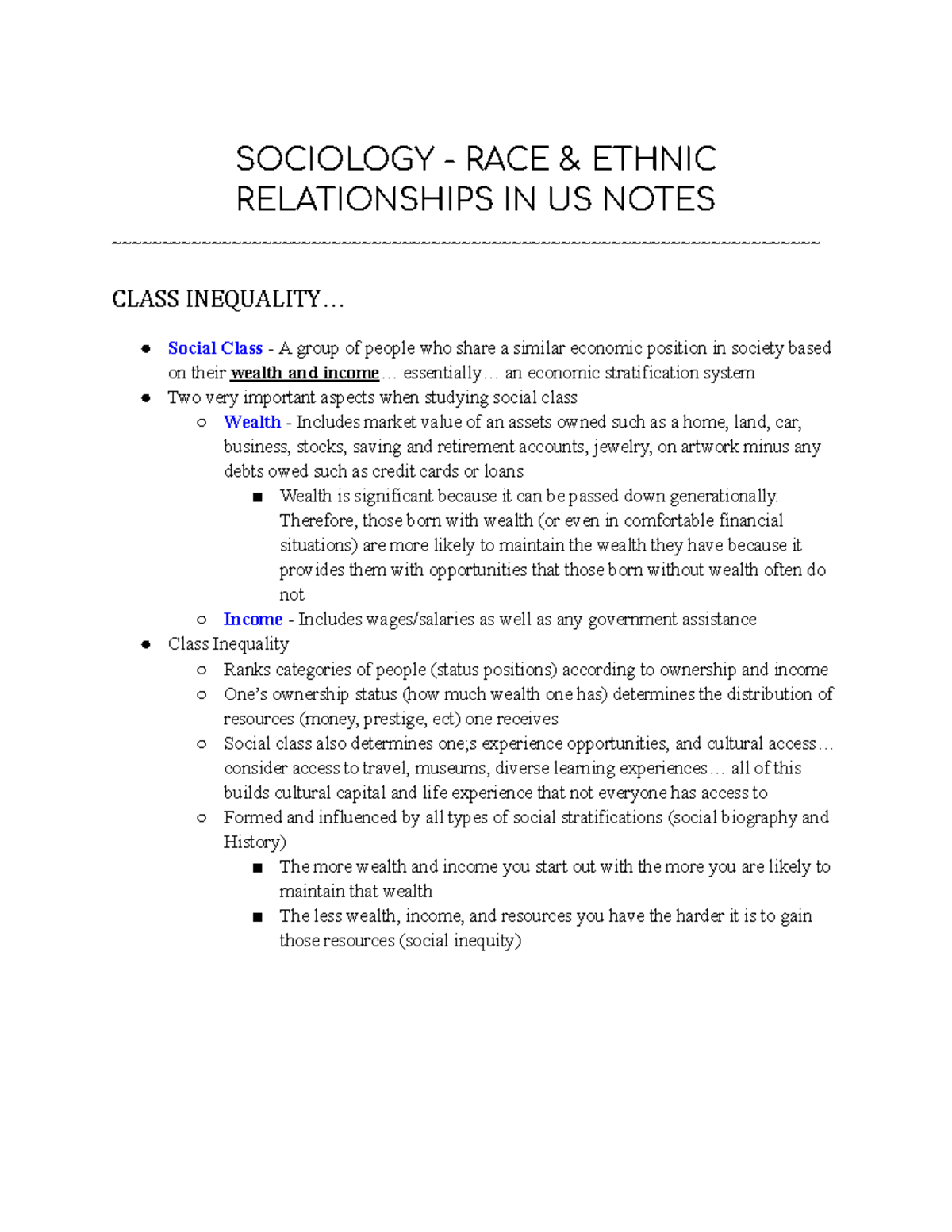 Class Inequality… - SOCIOLOGY - RACE & ETHNIC RELATIONSHIPS IN US NOTES ...