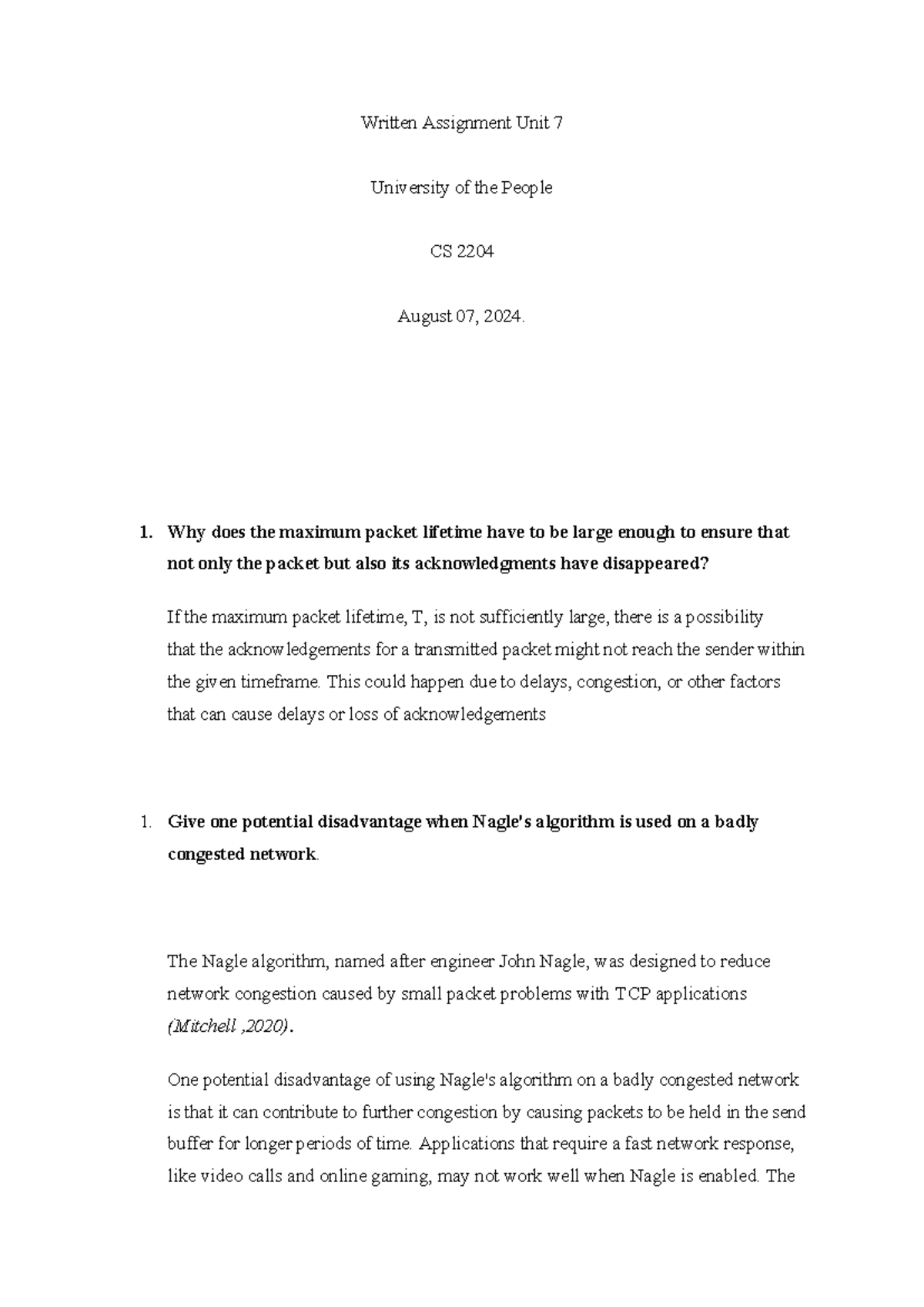 Assignment activity 7 - Written Assignment Unit 7 University of the People CS 2204 August 07 ...