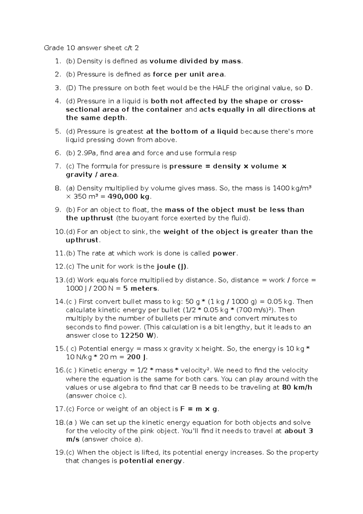 Ct2 grade 10 new test - Grade 10 answer sheet c/t 2 1. (b) Density is ...