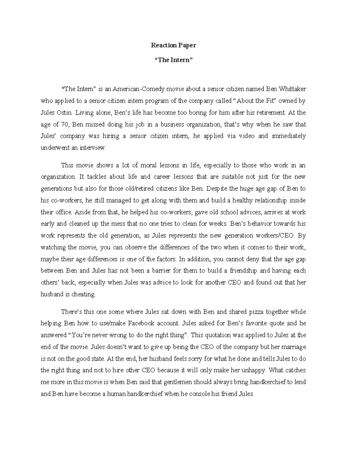 Reaction Paper - The Intern - Reaction Paper “The Intern” “ The Intern ...