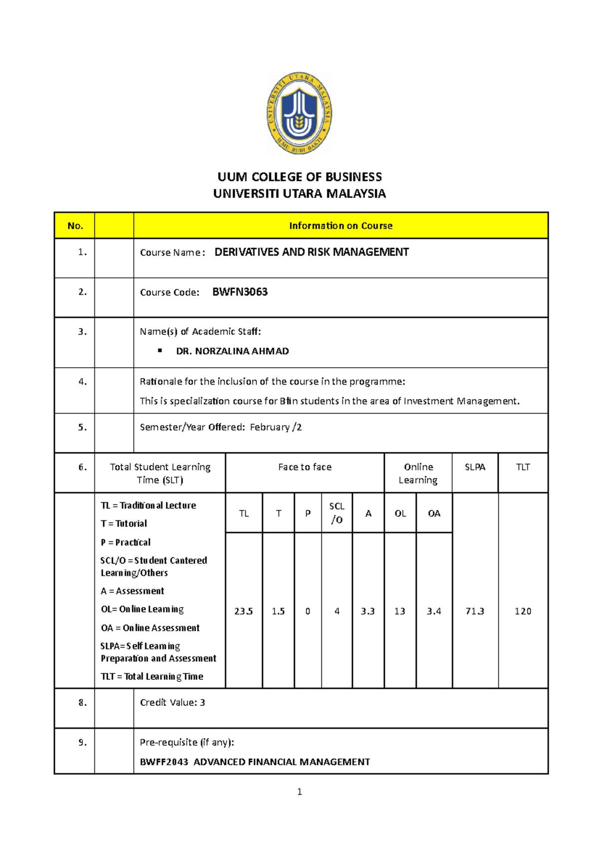 BWFN3063 DRM A202 Syllabus - UUM COLLEGE OF BUSINESS UNIVERSITI UTARA ...