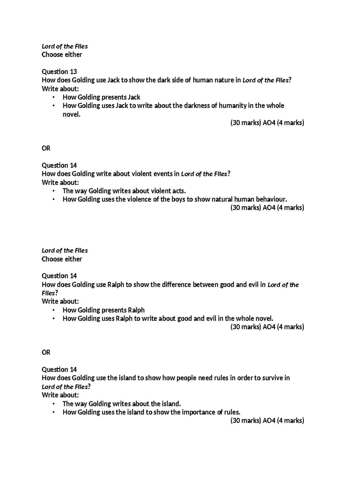 Lord of the Flies- past paper questions - Lord of the Flies Choose ...