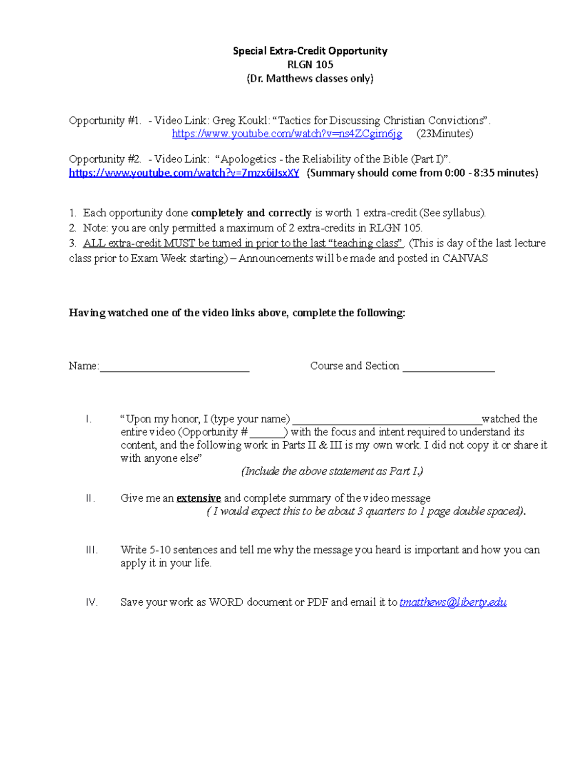 RLGN 105- Extra-Credit Opportunities (Matthews) - Special Extra-Credit ...