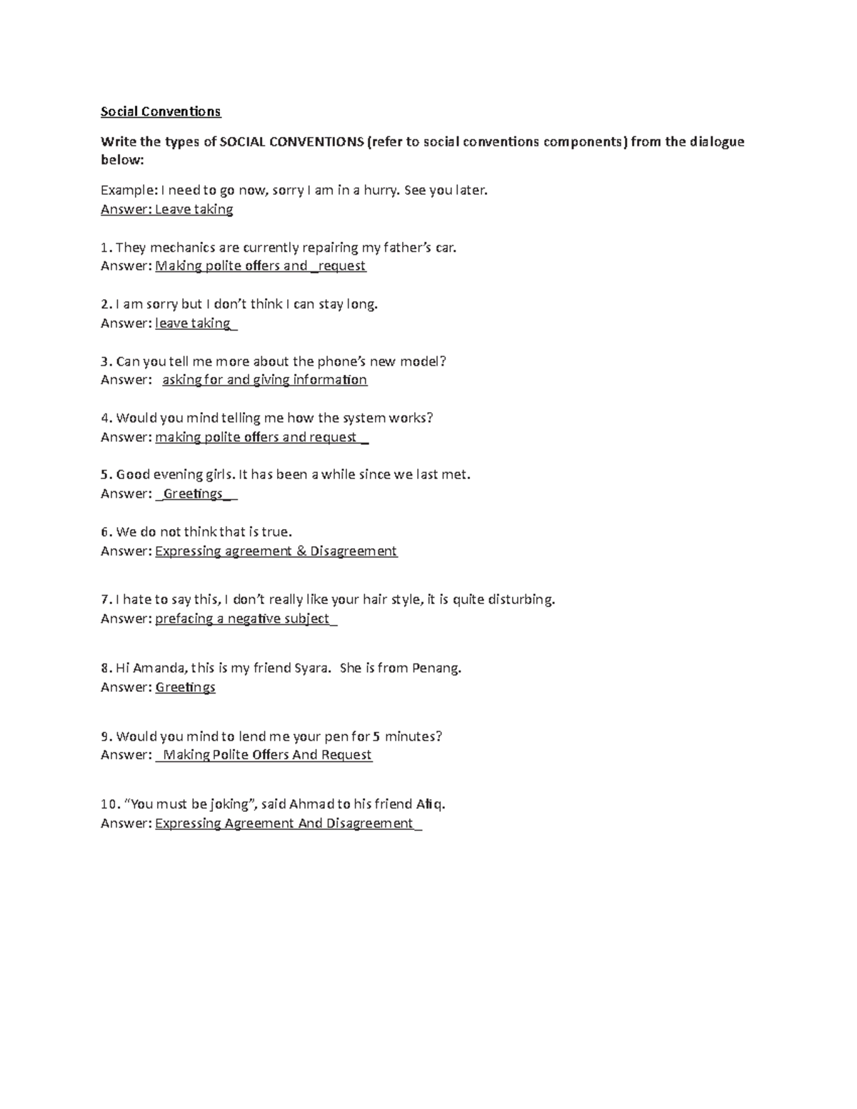 Shantini excersice 1 - thank you - Social Conventions Write the types ...