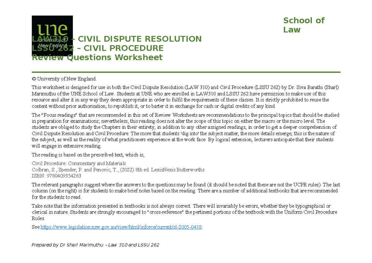 Week 2 Worksheet - Jurisdiction and Limitation - School of Law LAW310 ...