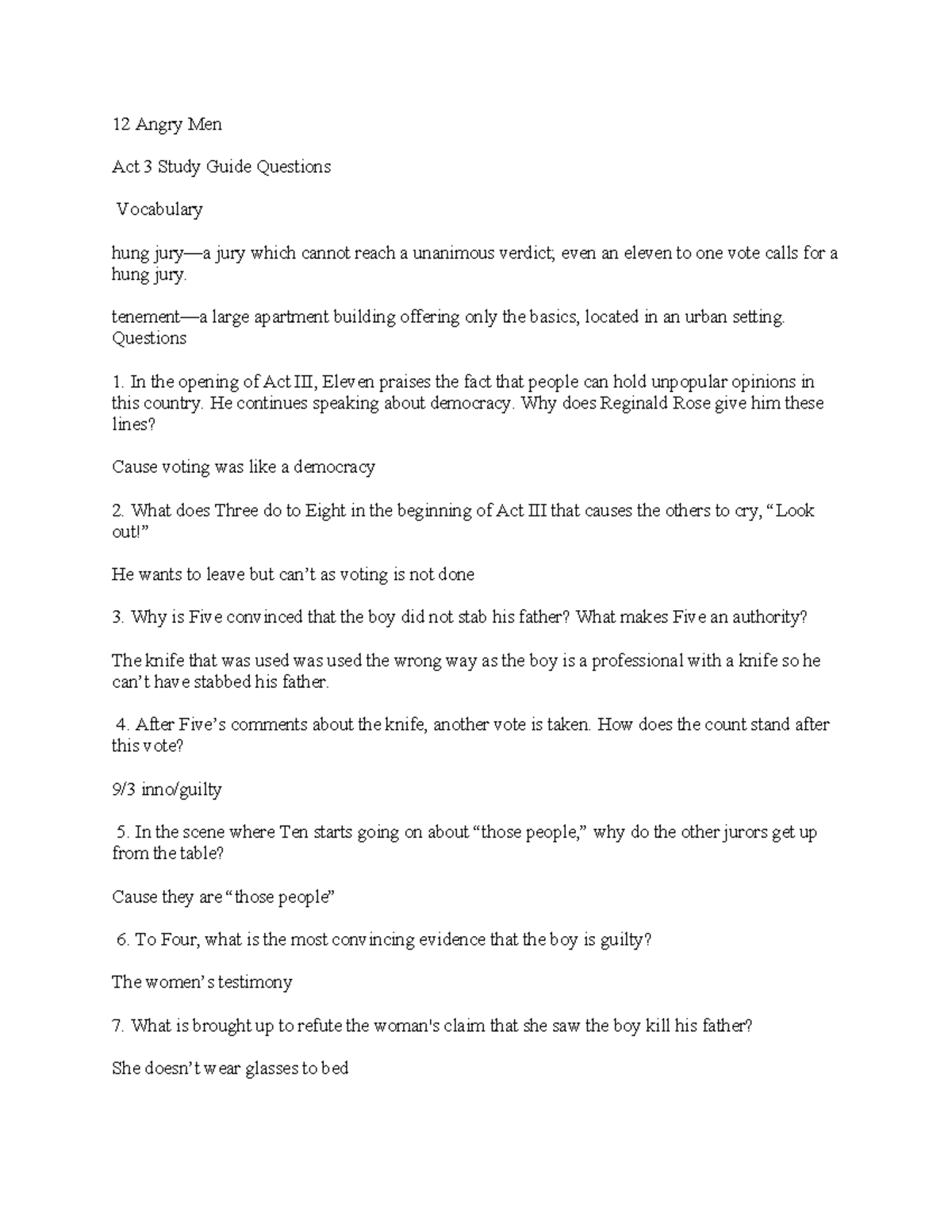 12 Angry Men Act III - Nono - 12 Angry Men Act 3 Study Guide Questions ...