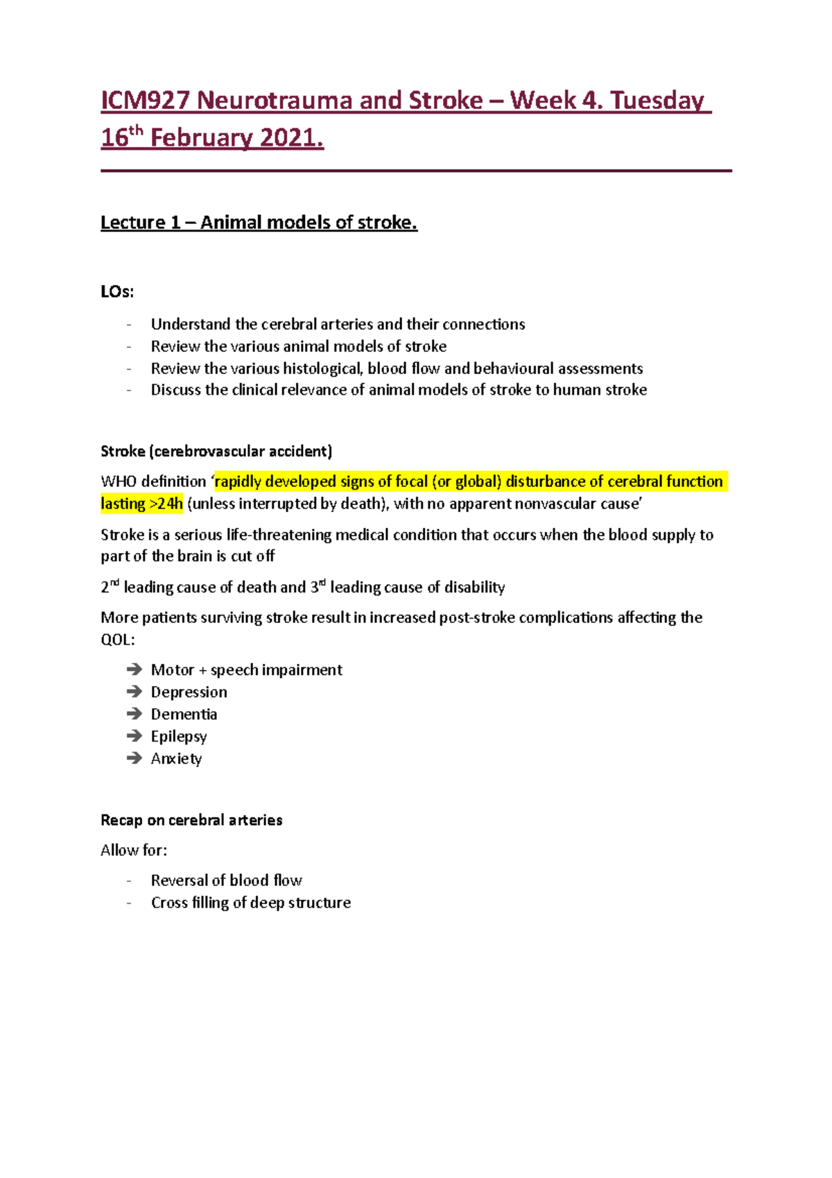 ICM927 Week 4 - Lecture notes 7 and 8 - ICM927 Neurotrauma and Stroke ...