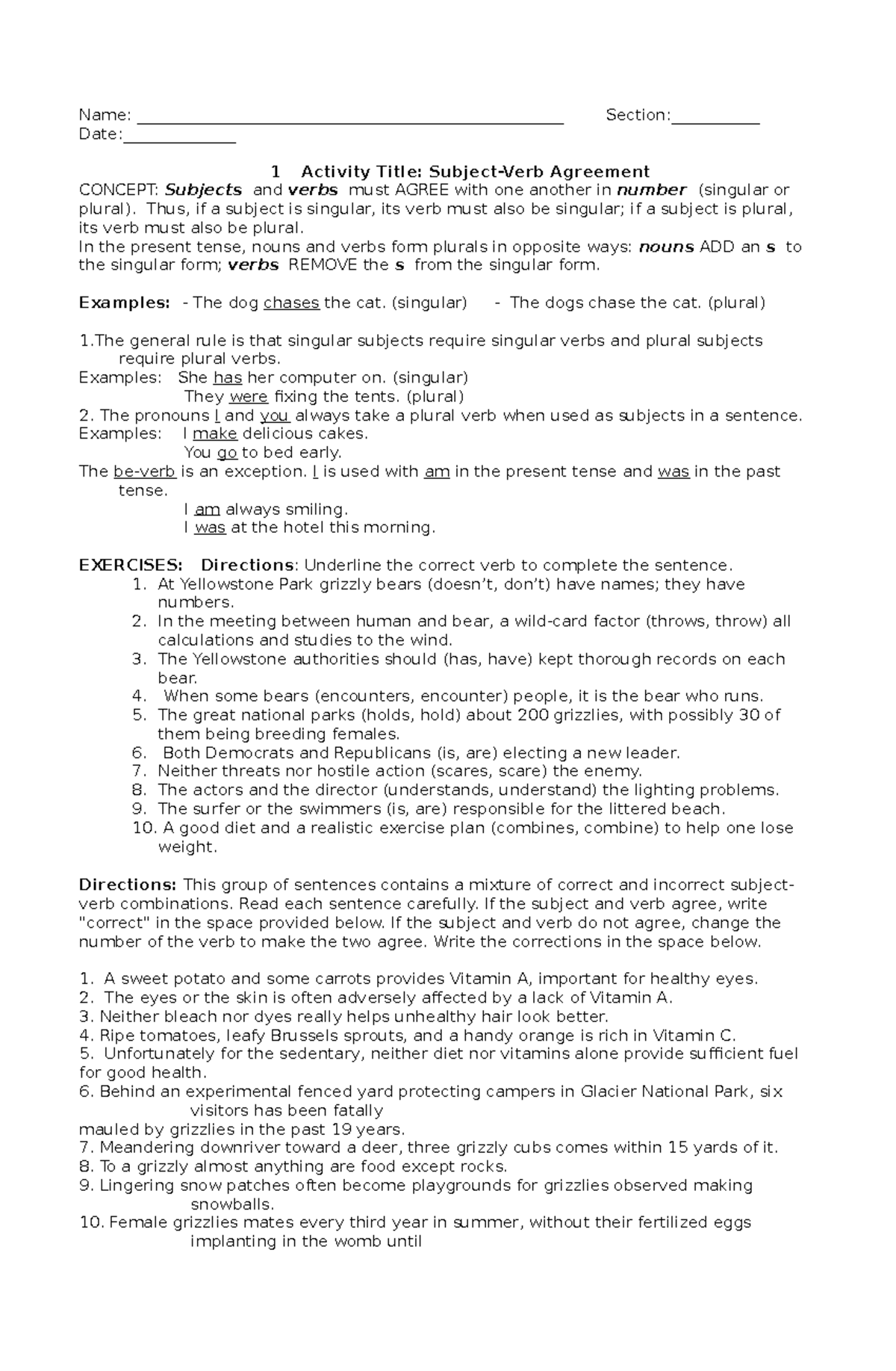 01 Subject Verb Agreement Worksheet by Mrs Manalansan 2015 printed ...