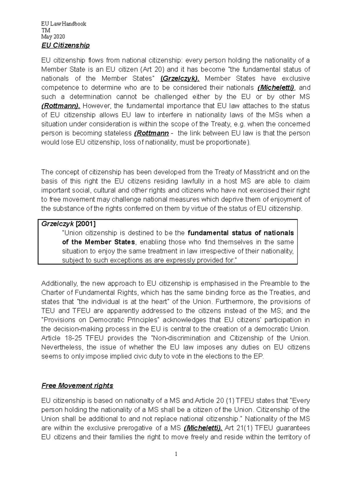 Citizenship - Very good lecture notes - TM May 2020 EU Citizenship EU ...