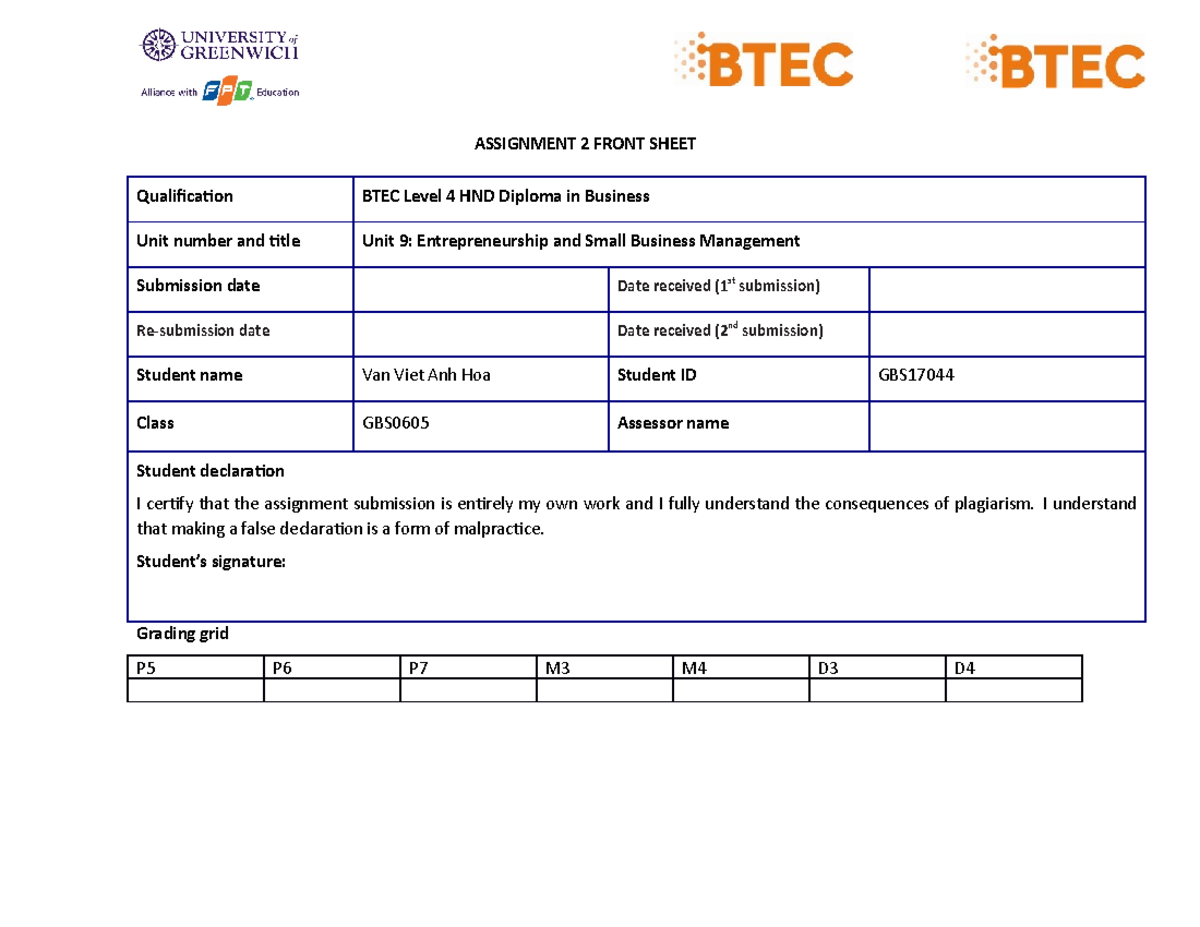 Van Viet Anh Hoa GBS17044 GBS0605 495 AS2 - ASSIGNMENT 2 FRONT SHEET Qualification BTEC Level 4 ...