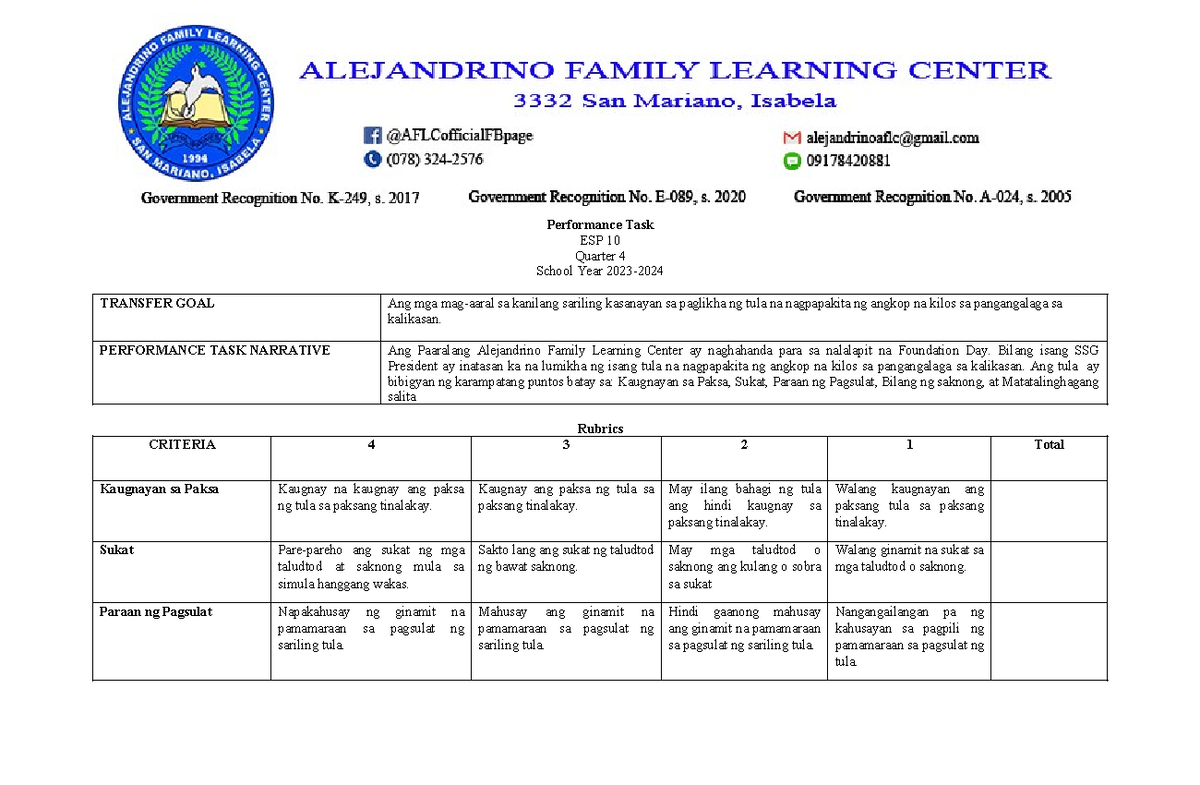 Performance-Task-Q4 Tr - Performance Task ESP 10 Quarter 4 School Year ...