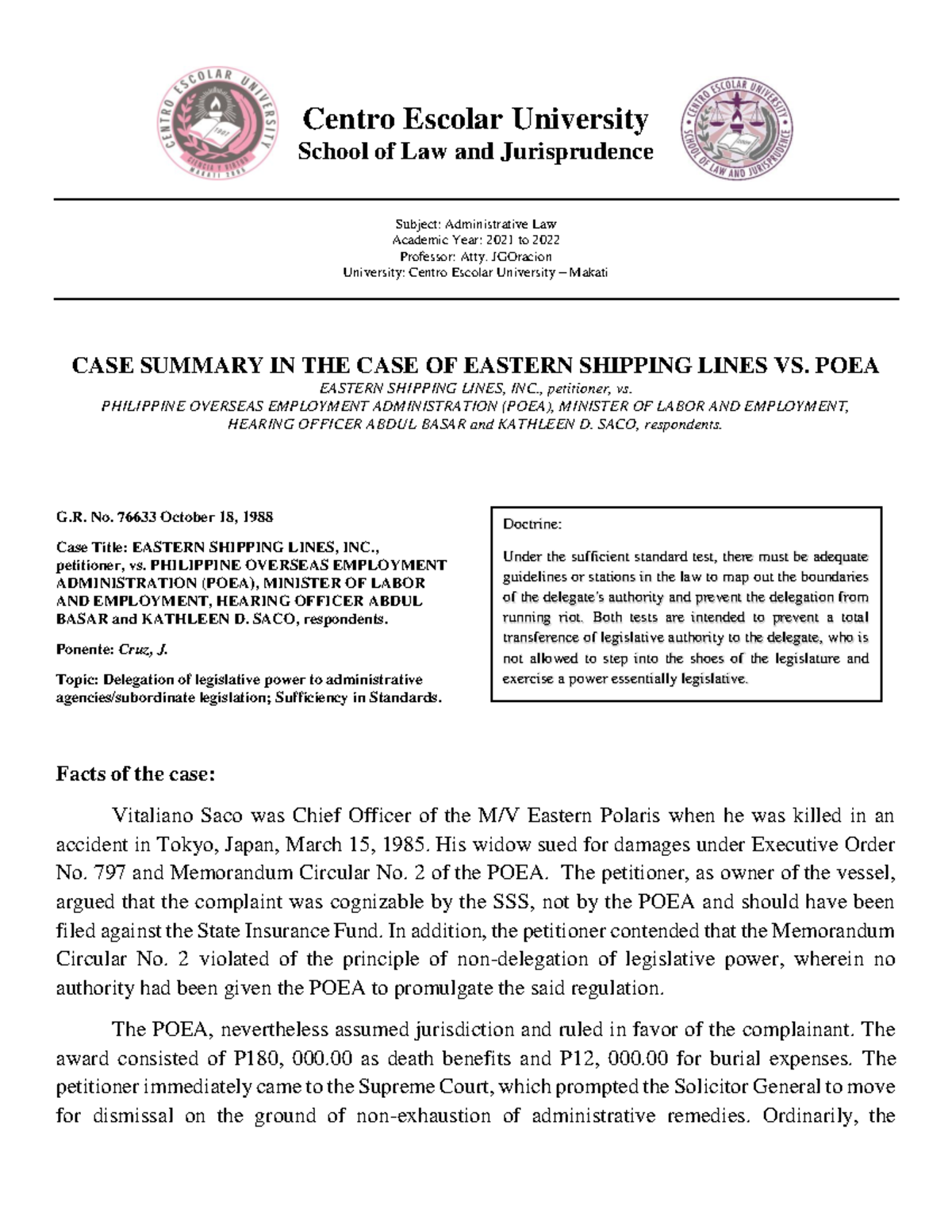 Easter Shipping Lines vs. POEA (Case Digest) - Centro Escolar ...