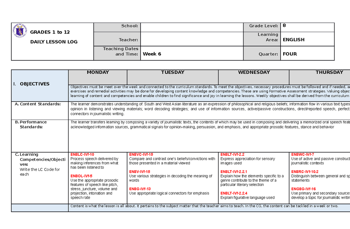 DLL-Eng8-4th Q-Week-6 - GRADES 1 to 12 DAILY LESSON LOG School: Grade ...
