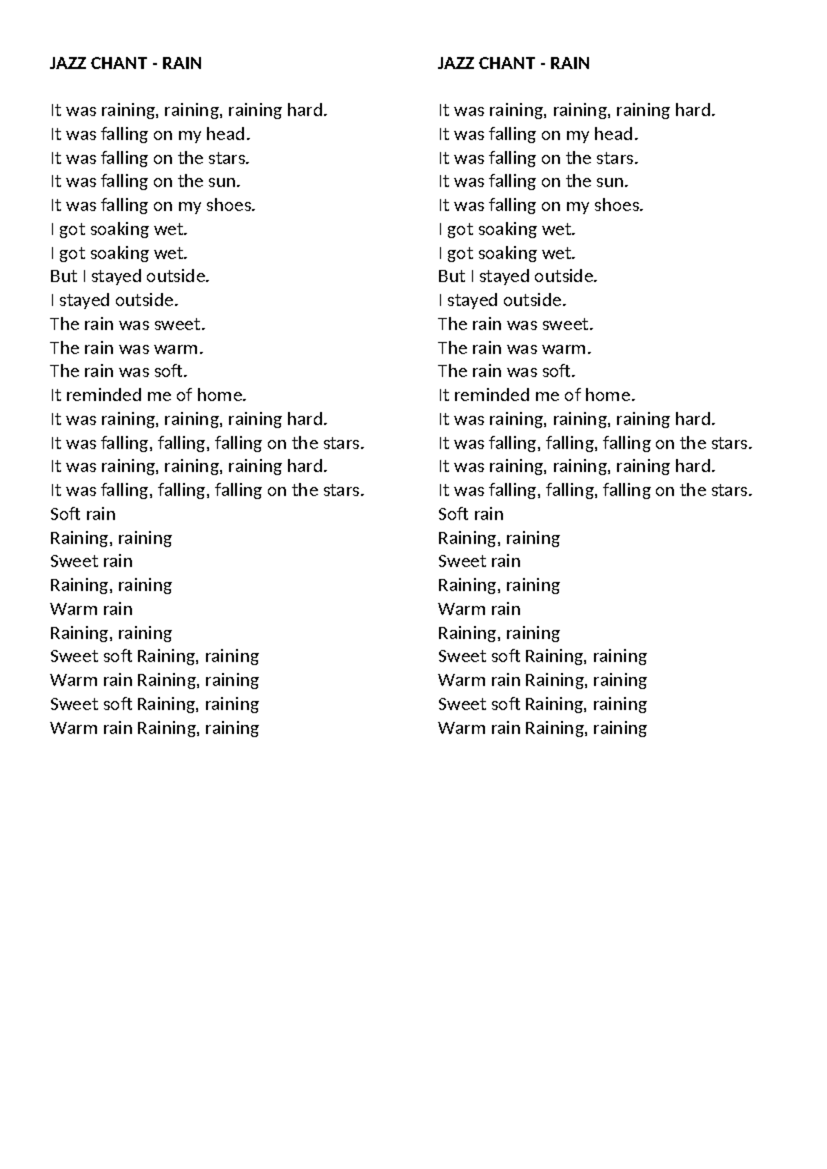 JAZZ Chant and Readers Theater - JAZZ CHANT - RAIN It was raining ...