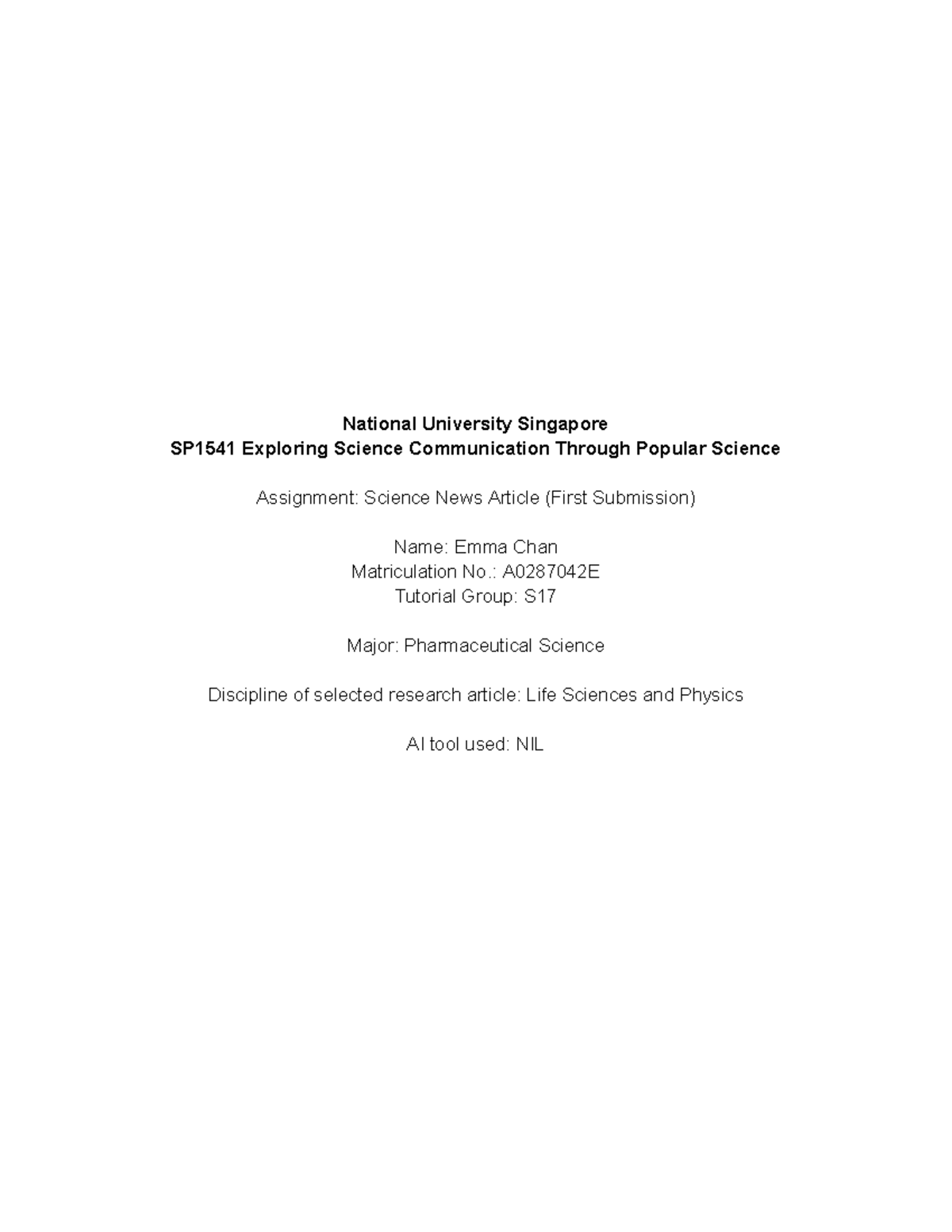 Science News Article - : A0287042E Tutorial Group: S Major ...