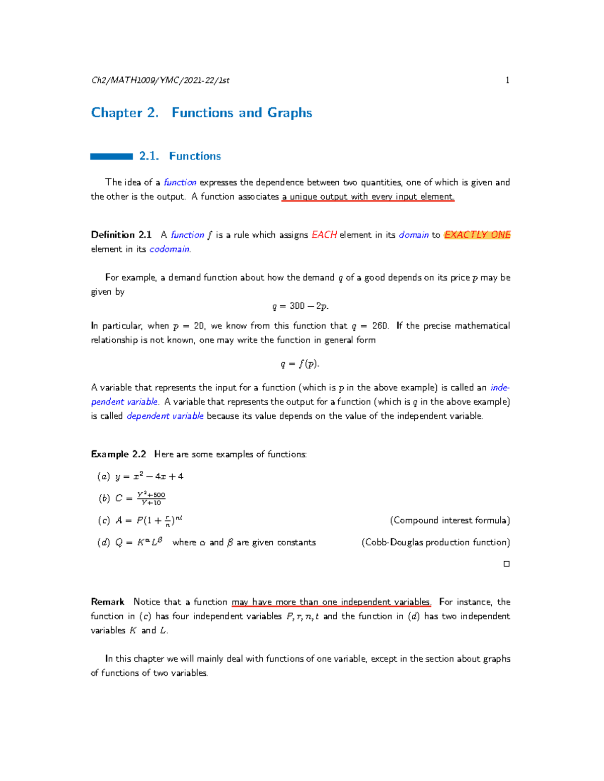 Chapter 2 1009 21-22 First - Chapter 2. Functions and Graphs 2 ...