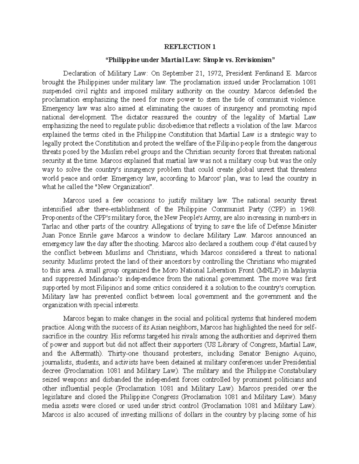 Reflection 1 Philippine under Martial Law - REFLECTION 1 “Philippine ...
