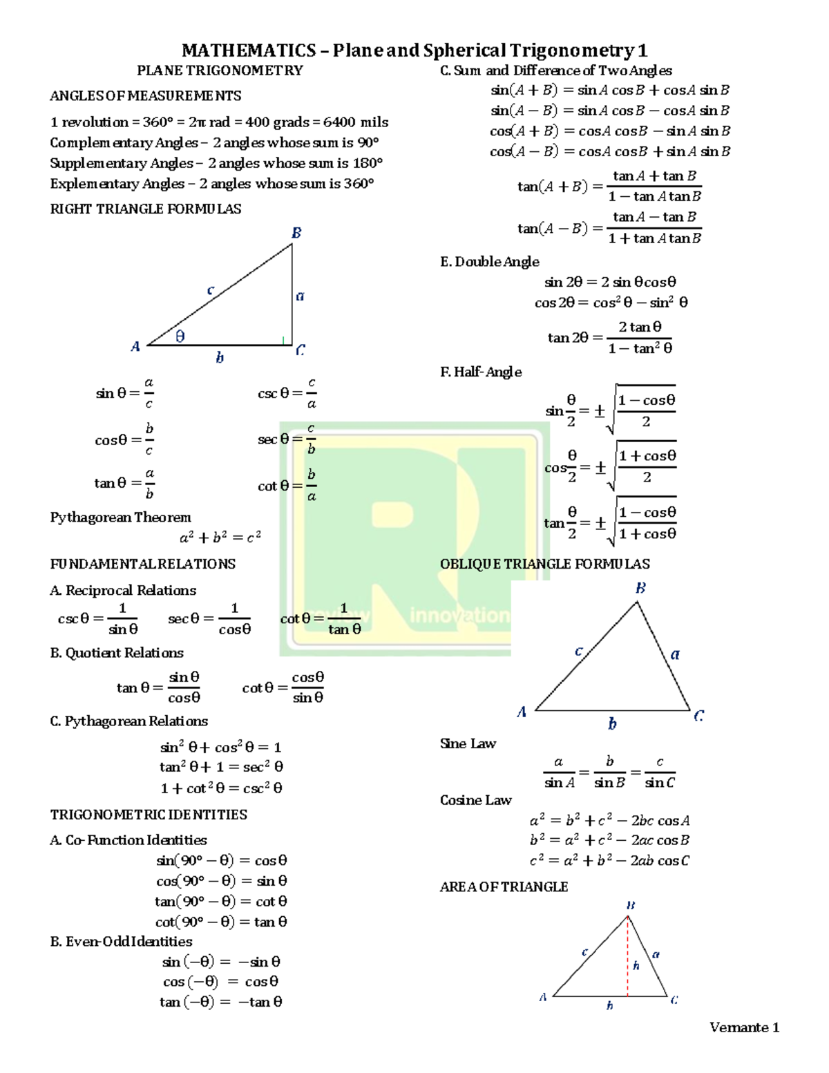 Plane Trigonometry 1 - MATHEMATICS – Plane and Spherical Trigonometry 1 ...
