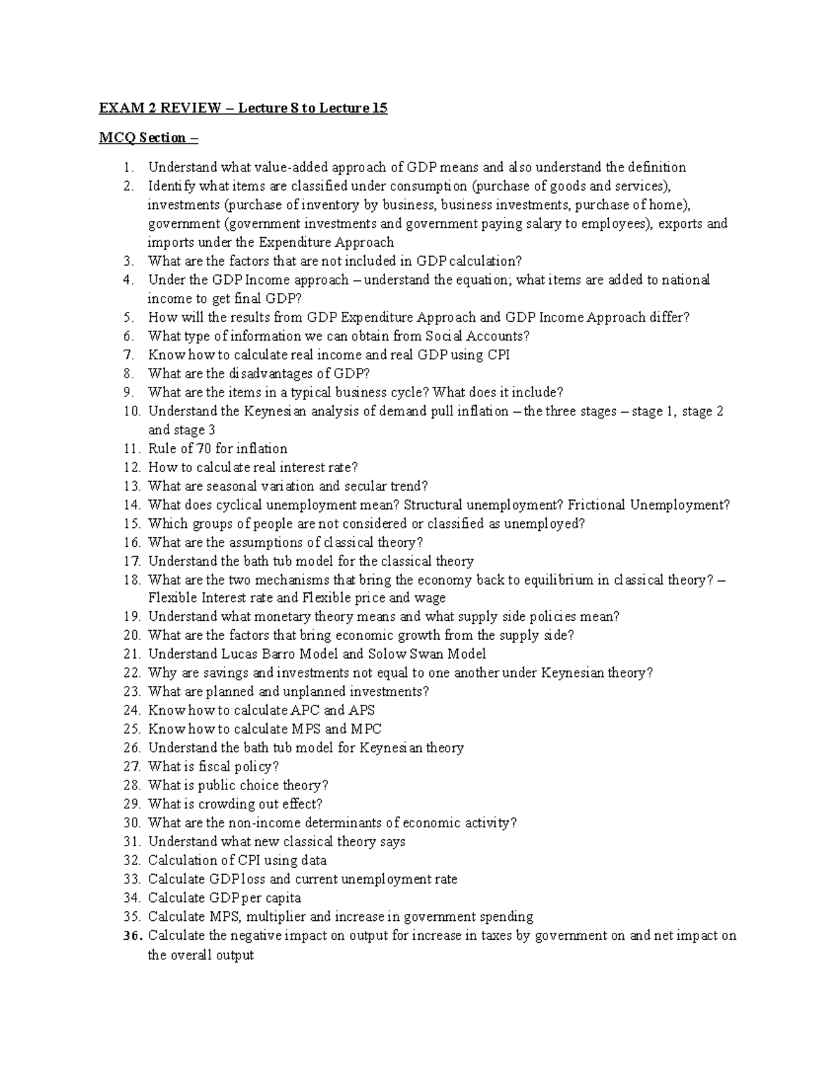 Exam 2 Review Macro - EXAM 2 REVIEW – Lecture 8 to Lecture 15 MCQ Section – Understand what ...