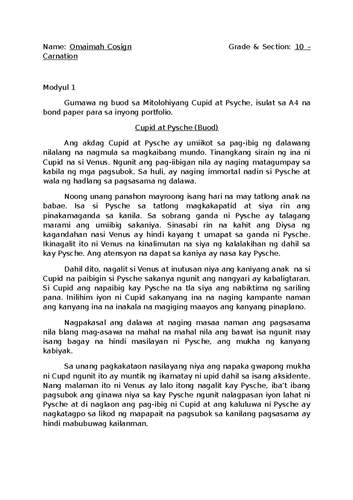 Filipino 10 1 - Name: Omaimah Cosign Grade & Section: 10 – Carnation ...