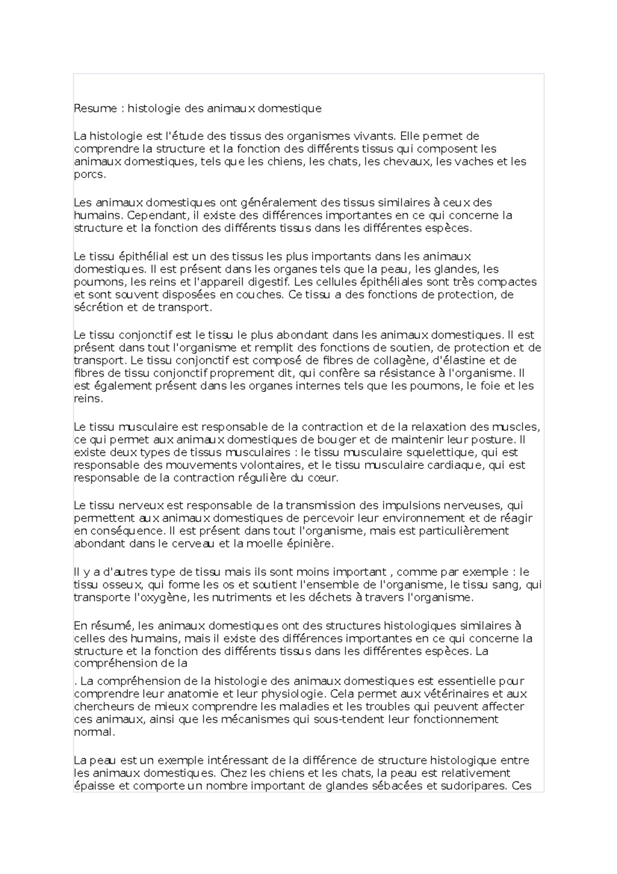 Resume histo des animaux domestique - Resume : histologie des animaux ...