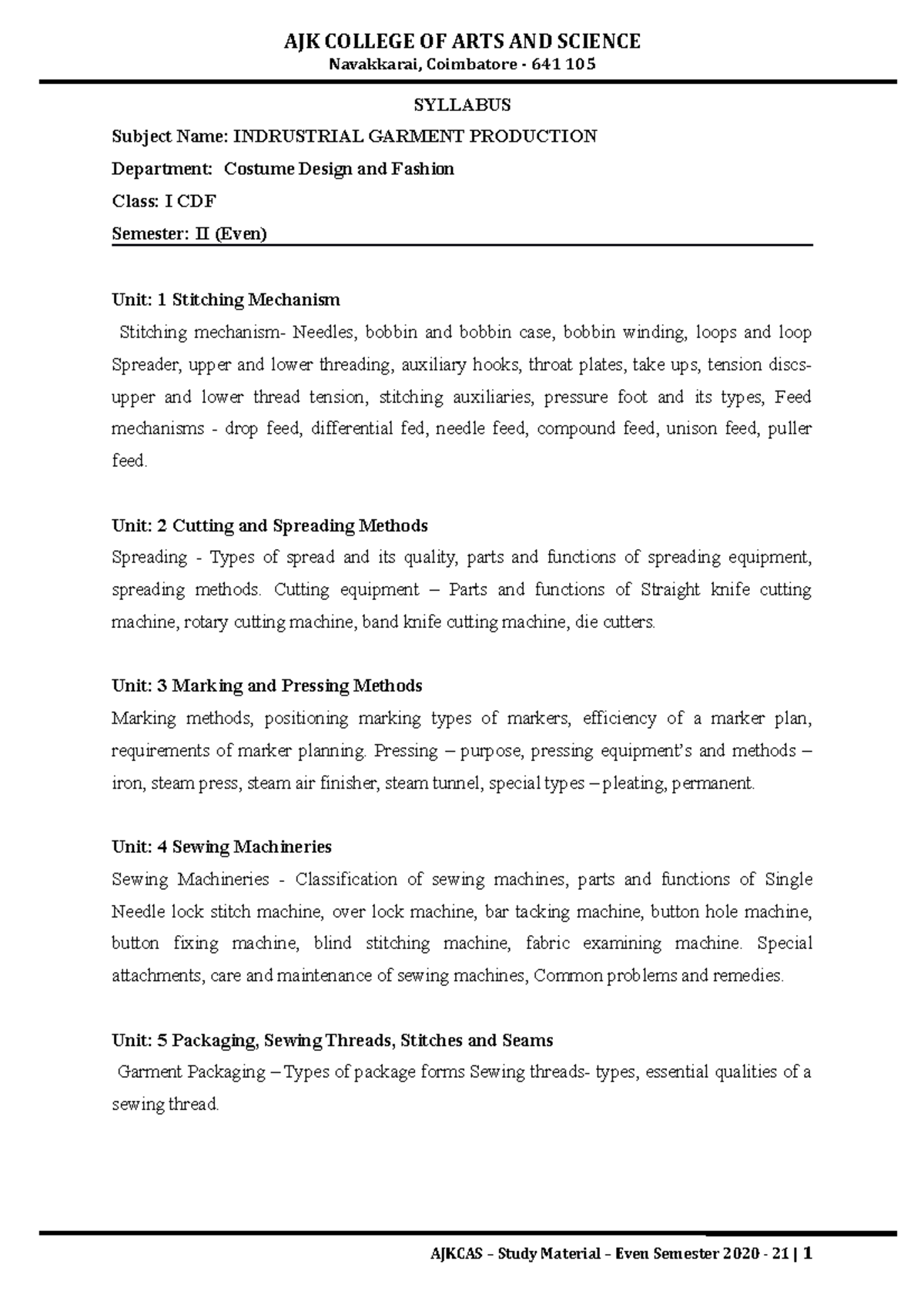 Study Material Format-EVEN IGP - Navakkarai, Coimbatore - 641 105 ...