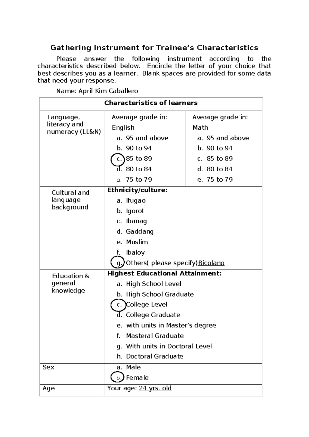 01 Gathering Instrument for Trainee’s Characteristics - Gathering ...