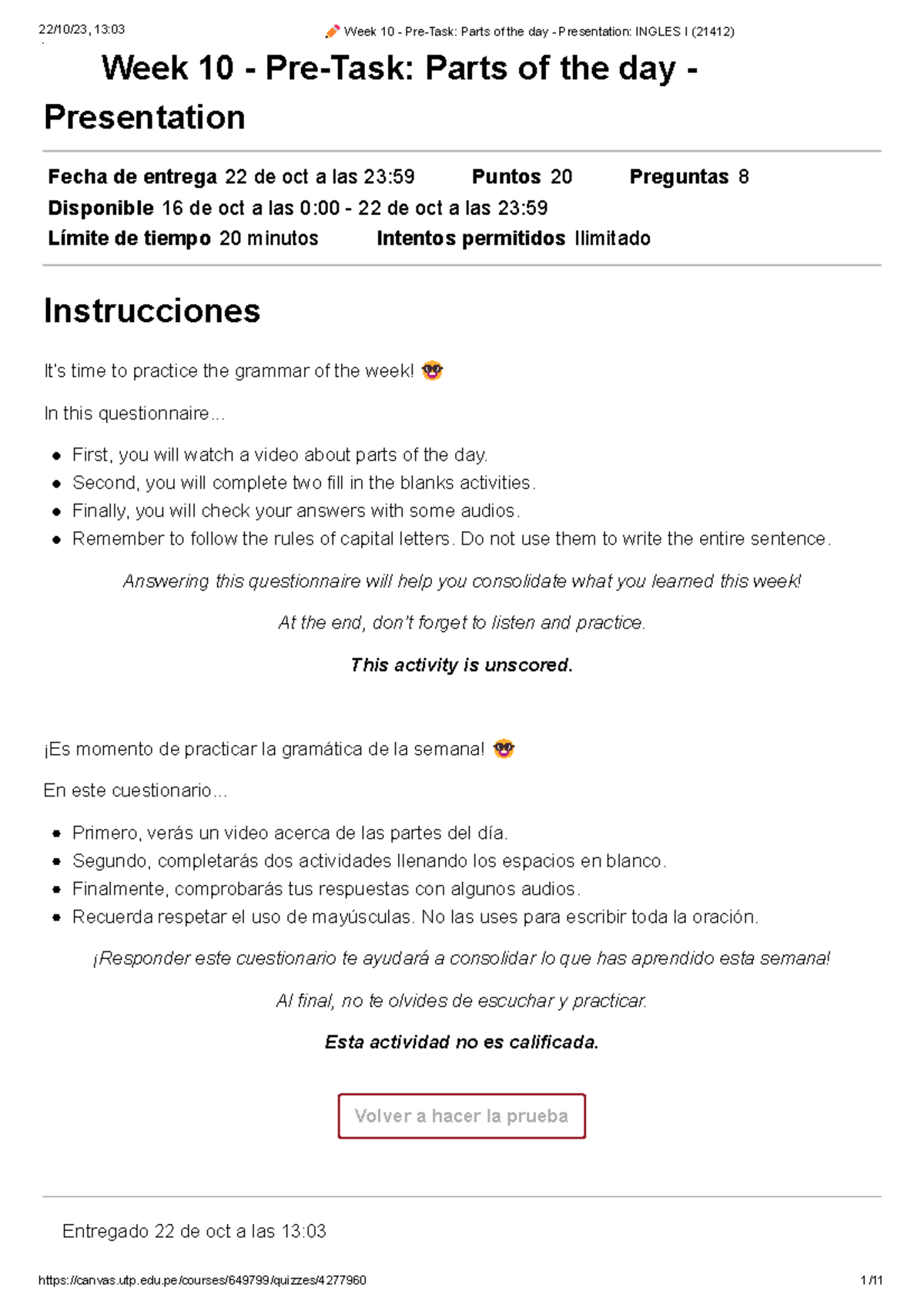 ️ Week 10 - Pre-Task Parts of the day - Presentation Ingles I (21412 ...
