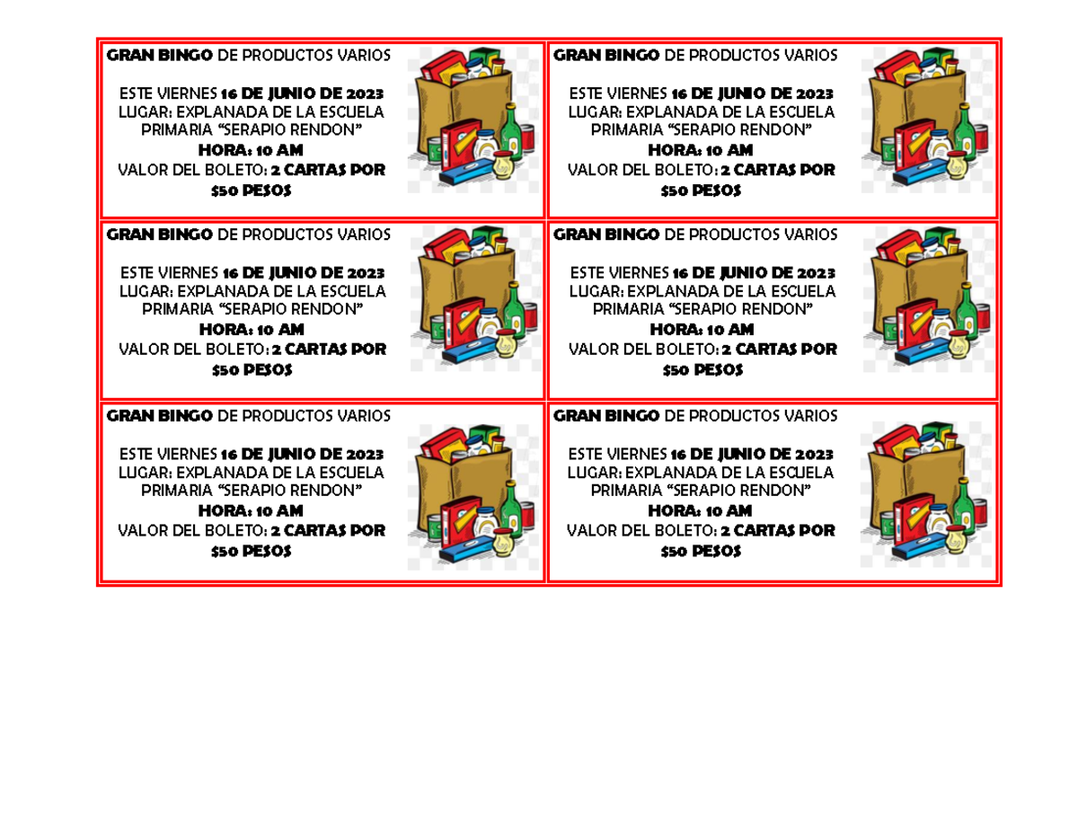 Boletos - para formatos - GRAN BINGO DE PRODUCTOS VARIOS ESTE VIERNES ...